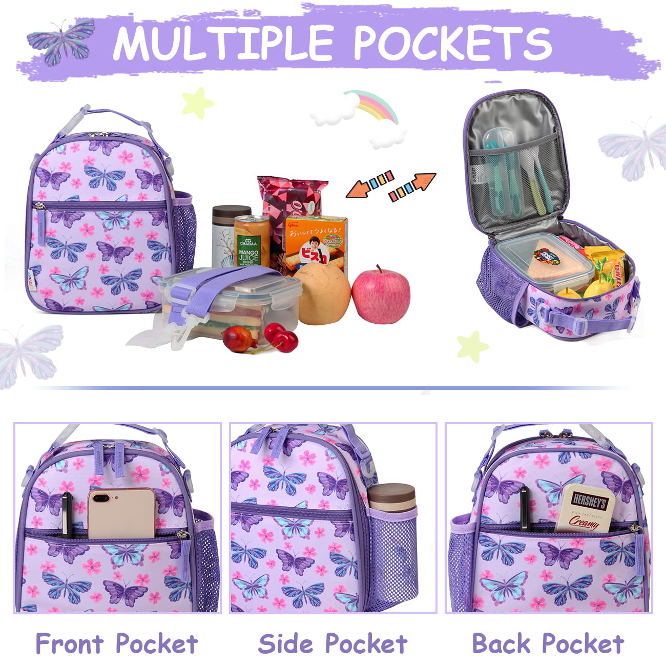 RAVUO Lightweight Butterfly School Backpack Bookbag and Lunch Bag Box Lunchbox Set for Girls