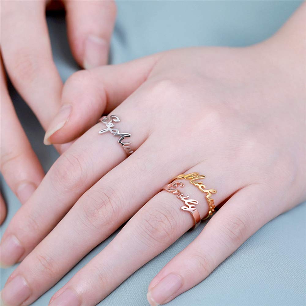 LONAGO Personalized Name Ring Custom Name Plate Stacking Ring Engrave Word Name Initial Ring for Women (Sterling Silver,Yellow Gold Color)