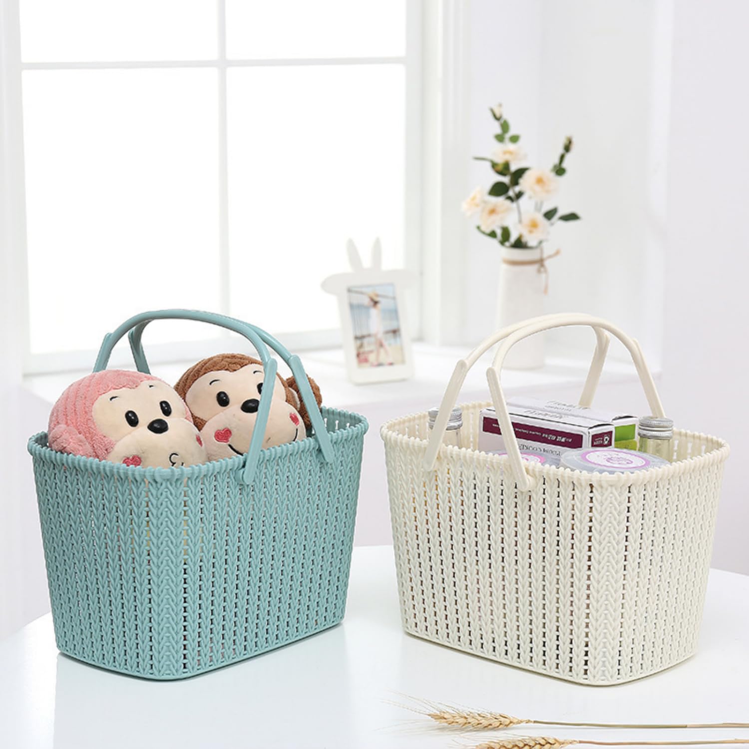 NIOIPXA Multi-purpose Plastic Imitated Rattan Woven Storage Basket with Handles, Household Basket (Blue)