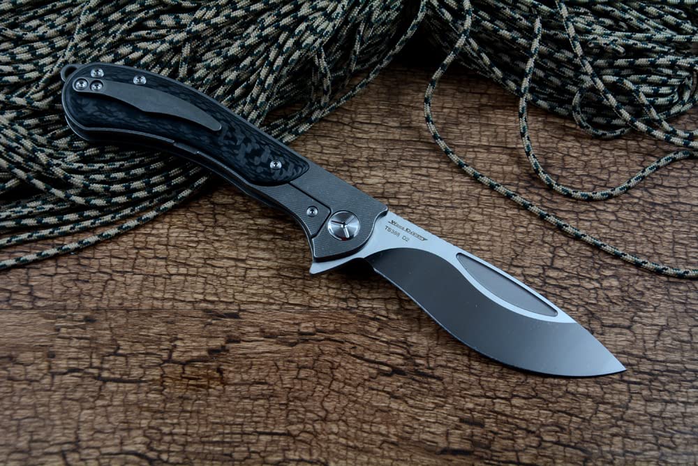 twosun D2 Satin Blade TC4 Titanium Carbon Fiber Handle Folding Hunting Knife TS388