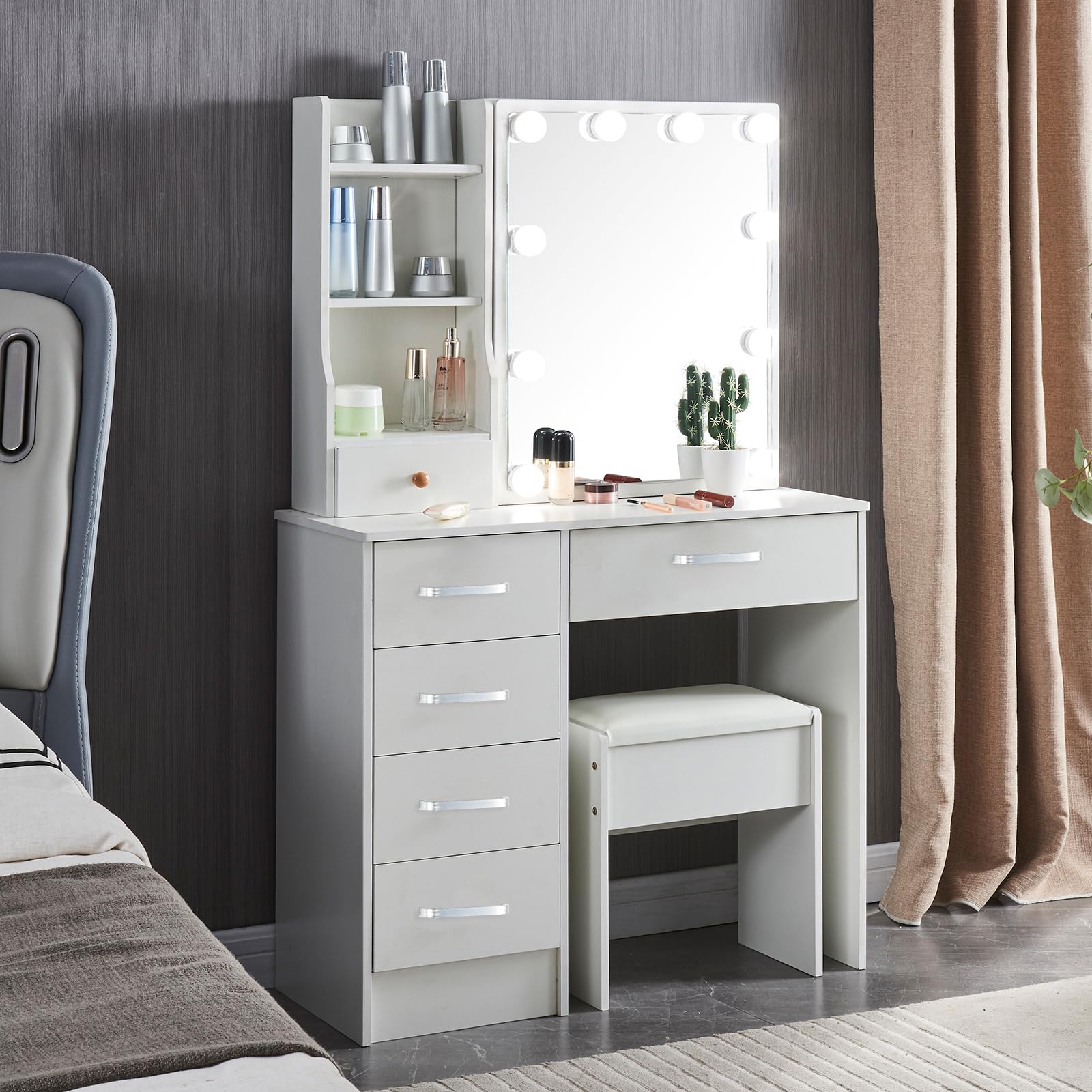 Kkonetoy White Modern Makeup Vanity Desk with Lights and Mirror, Vanity Dressing Table with Cushioned Stool, Makeup Vanity Table Set with Drawers for Girls Bedroom