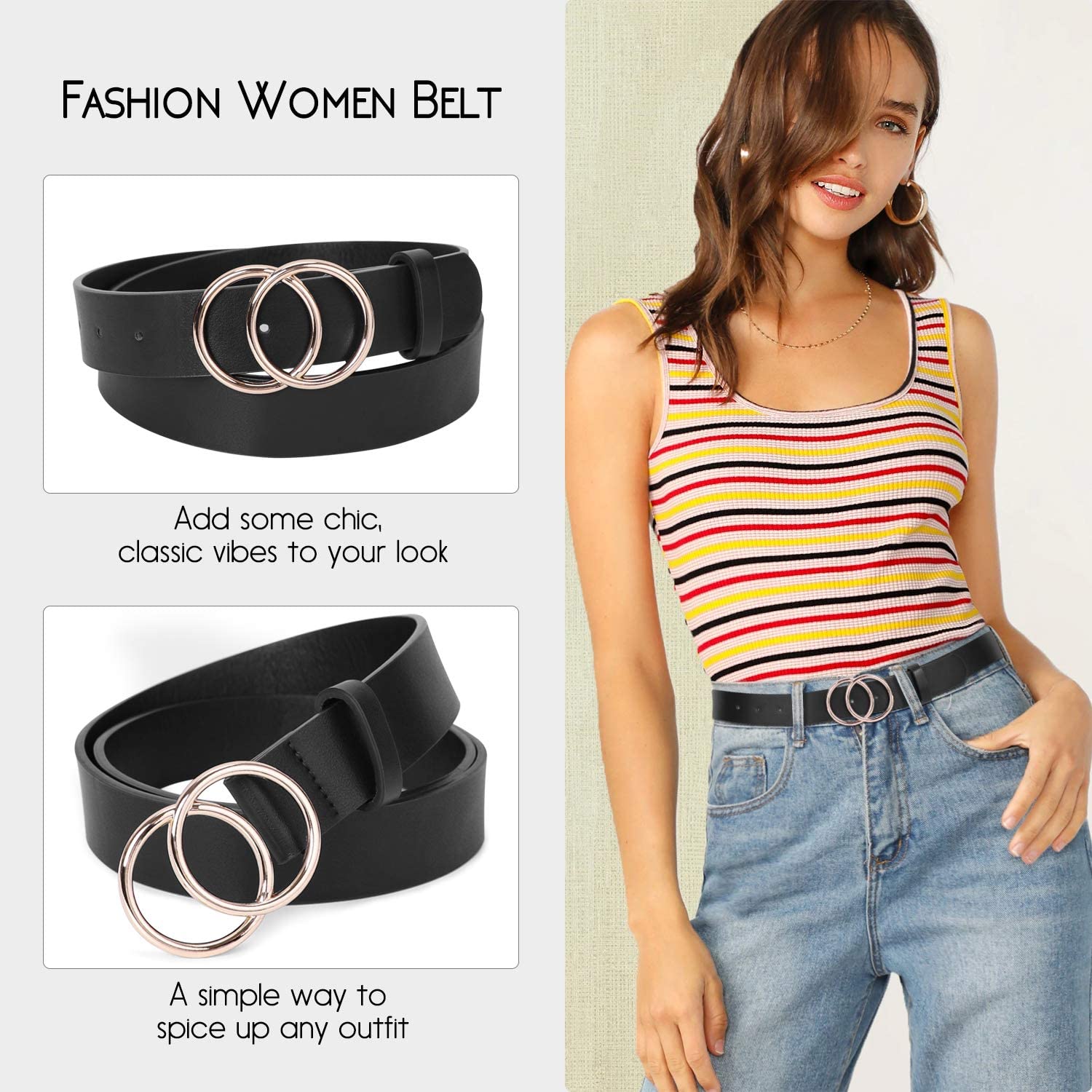 SANSTHS 2 Pack Womens Faux Leather Jeans Belt with Double O Ring Buckle (Black & Coffee, XS)