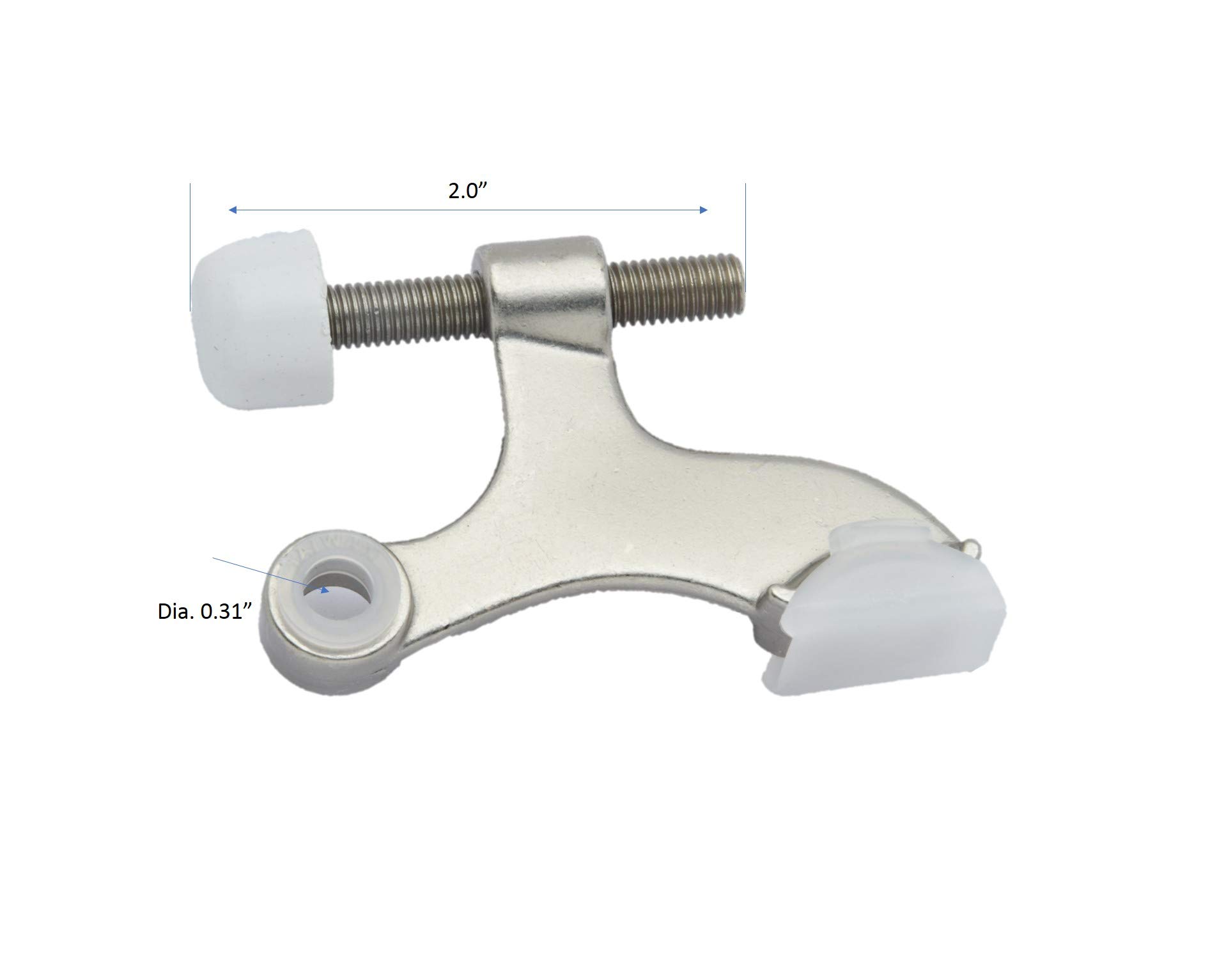 QCAA Hinge Pin Door Stopper, Zinc Die Cast, Satin Nickel, with White Rubber Bumper Tip, 2 Pack, Made in Taiwan