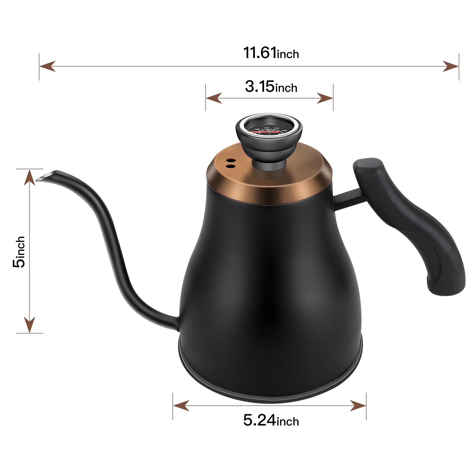 Meelio Pour Over Coffee Kettle 1.2 Liter 40 oz Tea Kettle with Thermometer for Stove Top Gooseneck Kettle, Stainless Steel Tea Pot Stovetop Teapot for Drip Coffee, Tea,Black