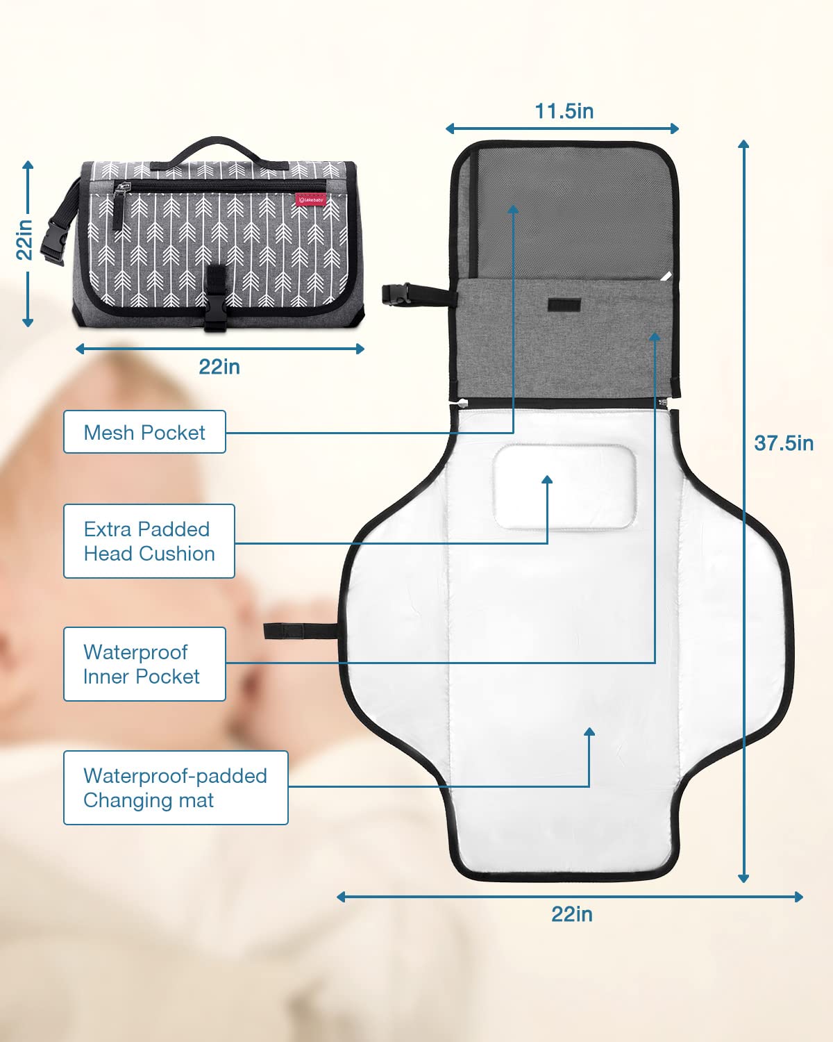 Lekebaby Diaper Changing Pad Portable Changing Pad Baby Change Mat Waterproof with Built-in Head Cushion, Grey with Arrow Print