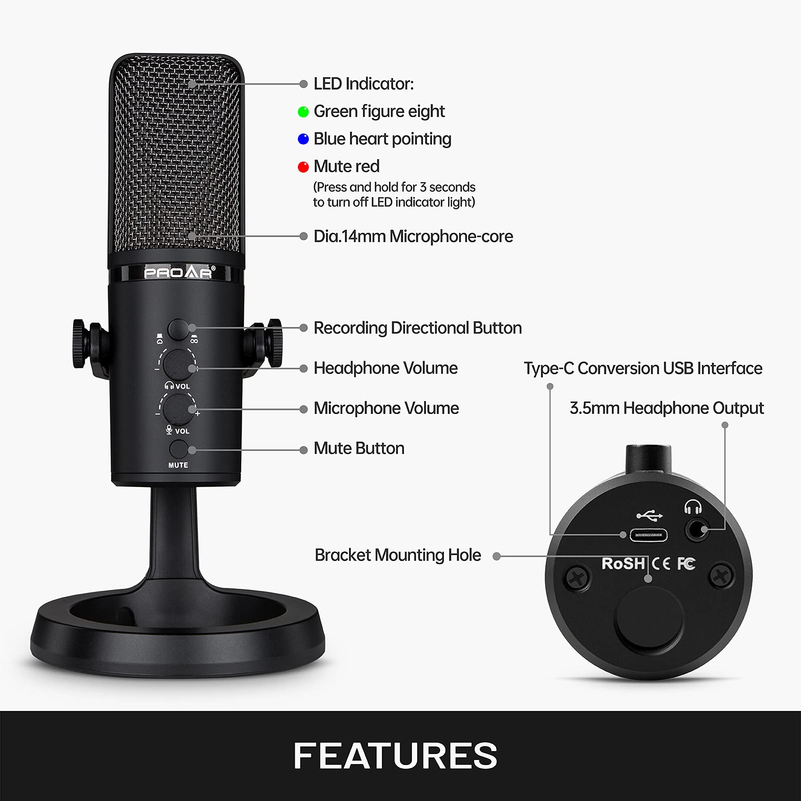 PROAR S-21U USB Condenser Microphone, Cardioid and Bidirectional Patterns, Easy to Controls, LED Indicator, Compatible with PC, PS4, Xbox, Phone, Laptop, MAC or Windows