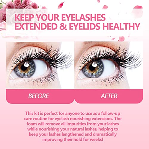 Qiveaory 150ml/5.07fl.oz Eyelash Extension Cleanser Extension Lash Shampoo Brush Mini USB Portable Lash Fan Mascara Brush Disposable Microbrush Wash Bottle Reusable Makeup Remover Pad Gentle Cleaning