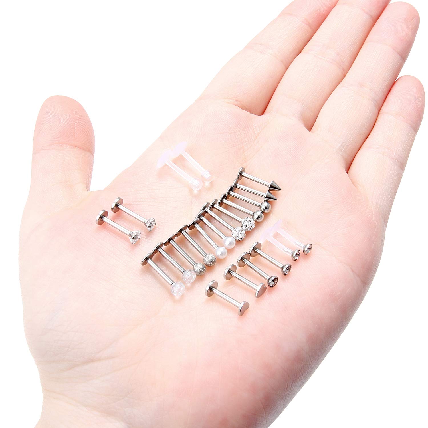 Lcolyoli 22Pcs 16G Forward Helix Cartilage Tragus Earring Studs Internal & External Threaded Labret Lip Monroe Ring Barbell Body Piercing Jewelry Retainer for Women Men Silver-tone 6mm