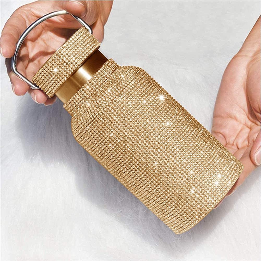 QIANSHENG Bling Diamond Water Bottle Sparkling Glitter Stainless Steel Thermos Bottle Vacuum Flask for Women Refillable Insulated Water Bottle with Chain & Gift Box (Gold,350ml)