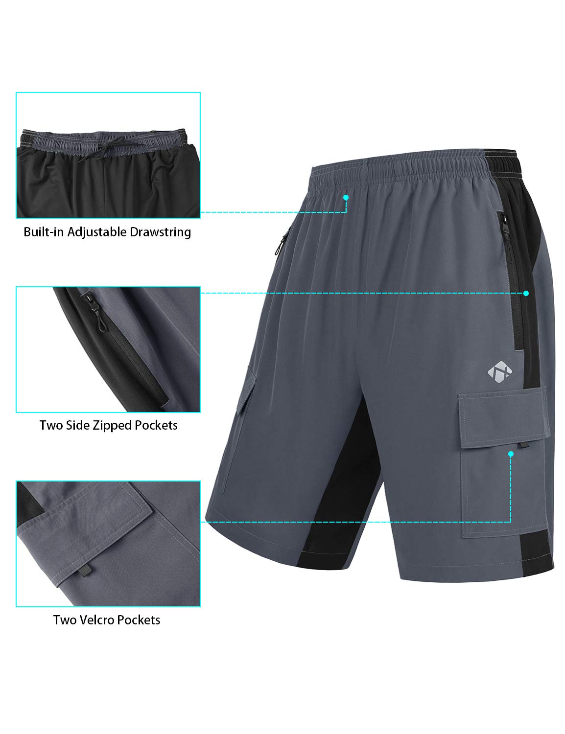 NOMINATE Mens Mountain Bike Shorts 3D Padded MTB Bicycle Cycling Shorts with Pockets Lightweight Quick Dry Grey