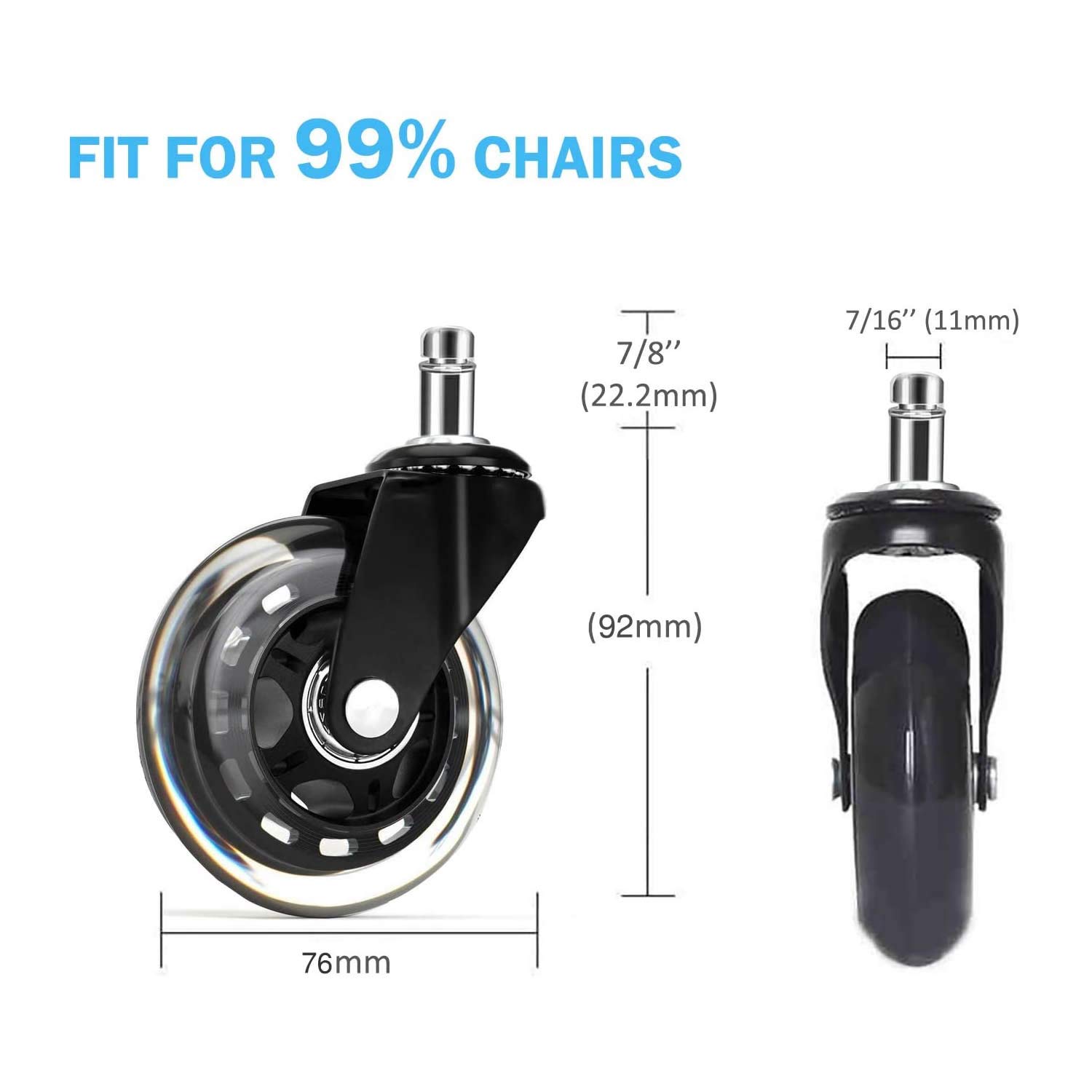 Office Chair Caster Wheels 3" - Heavy Duty Soft PU Rubber Safe for Hardwood Carpet Tile Floors (Set of 5) Generally Applicable to Office Wheels, Replace Chair mats - Universal fit