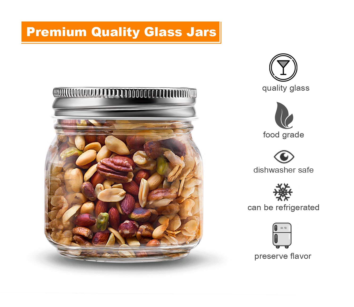 Rainforce Small Glass Mason Jars 8 oz 30 Pack With Silver Lids -1/4 Quart Canning/ Storage Pickling Jars For Jelly, Jam, Honey, Pickles and Spice With Free 30 Chalkboard Labels