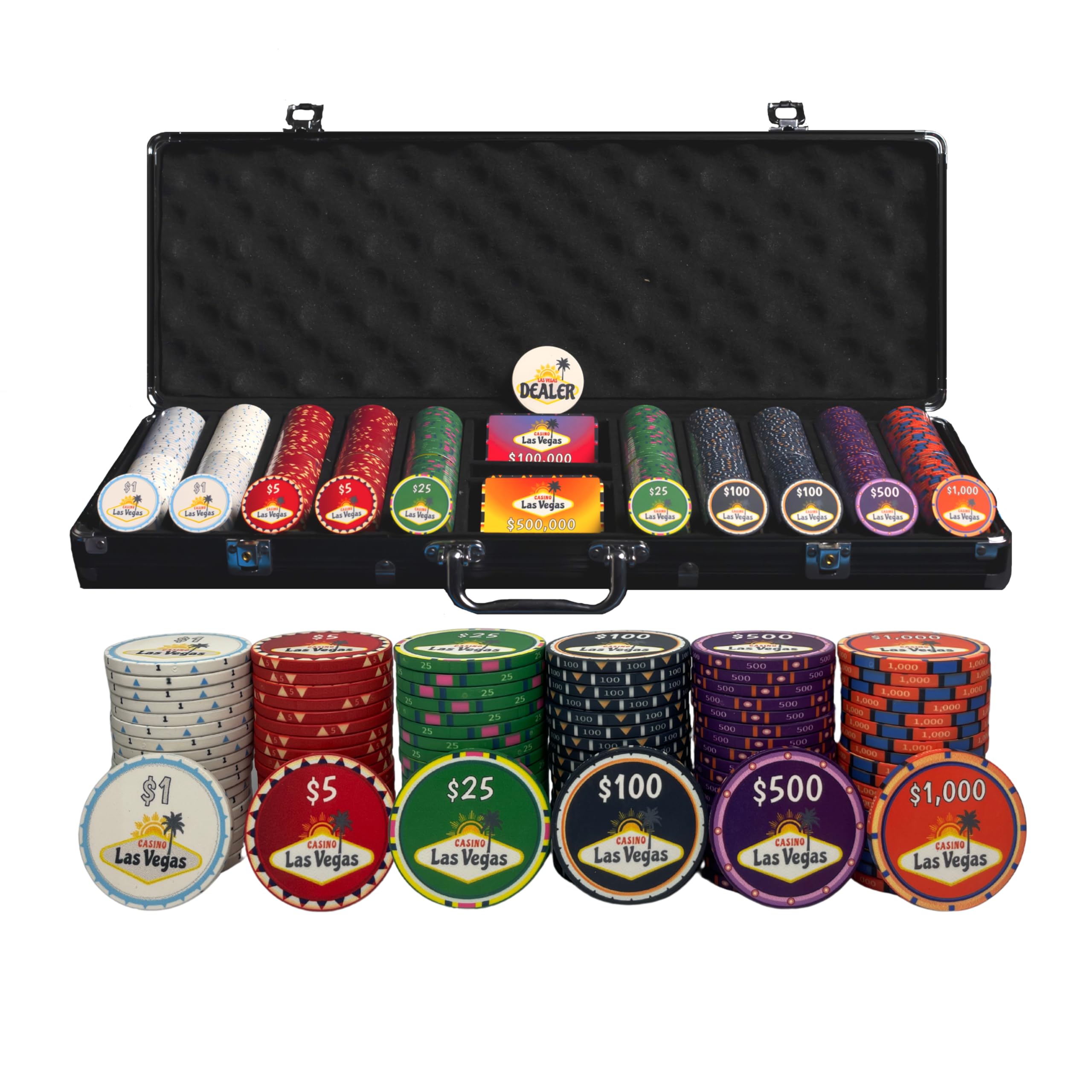 Vegas Chip Ceramic Poker Chip Set for Texas Hold'em - 500-Piece Poker Ceramic Kit, 10-Gram Poker Chips, Durable & Long-Lasting Numbered Casino Chips - Includes Black Aluminum Case