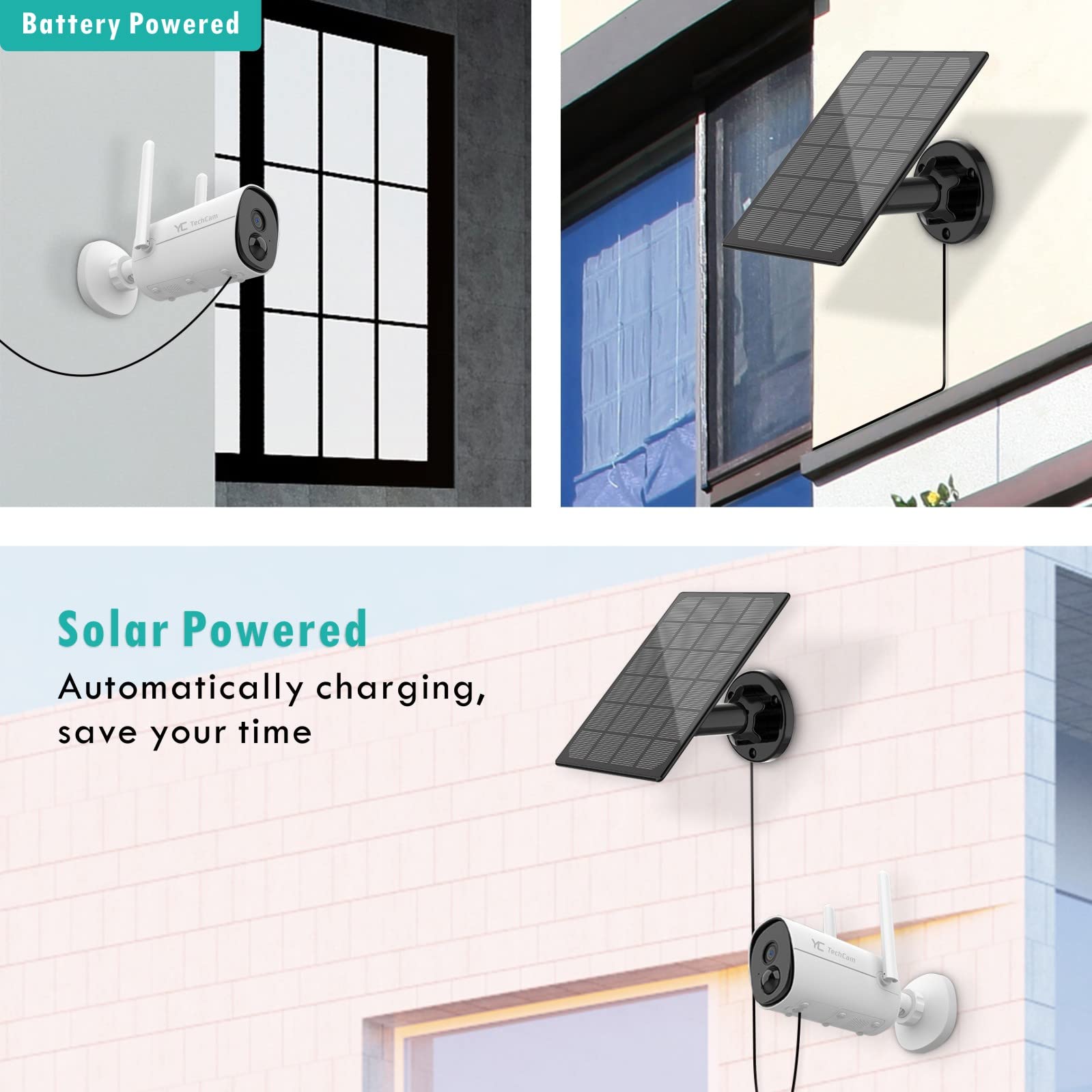 Solar Panels for DC 5V Outdoor Rechargeable Battery Camera, Solar Panel for Security Camera, Solar USB Charger with Micro USB & USB-C Port, 9.8ft Cable, Adjustable Wall Mount, IP65 Waterproof, 2 Pack