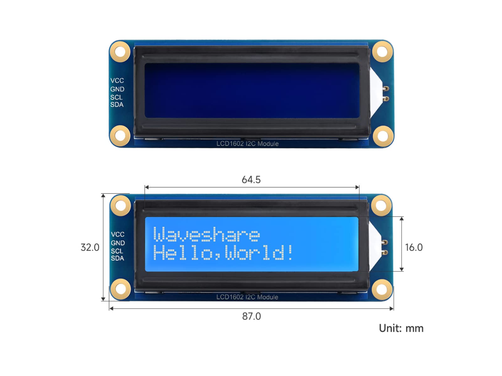 Waveshare 1602 LCD I2C Display Module, White Color with Blue Background 16x2 Characters LCD für Raspberry Pi/Raspberry Pi Pico/Jetson Nano/ESP32/Arduino, 3.3V/5V Compatible