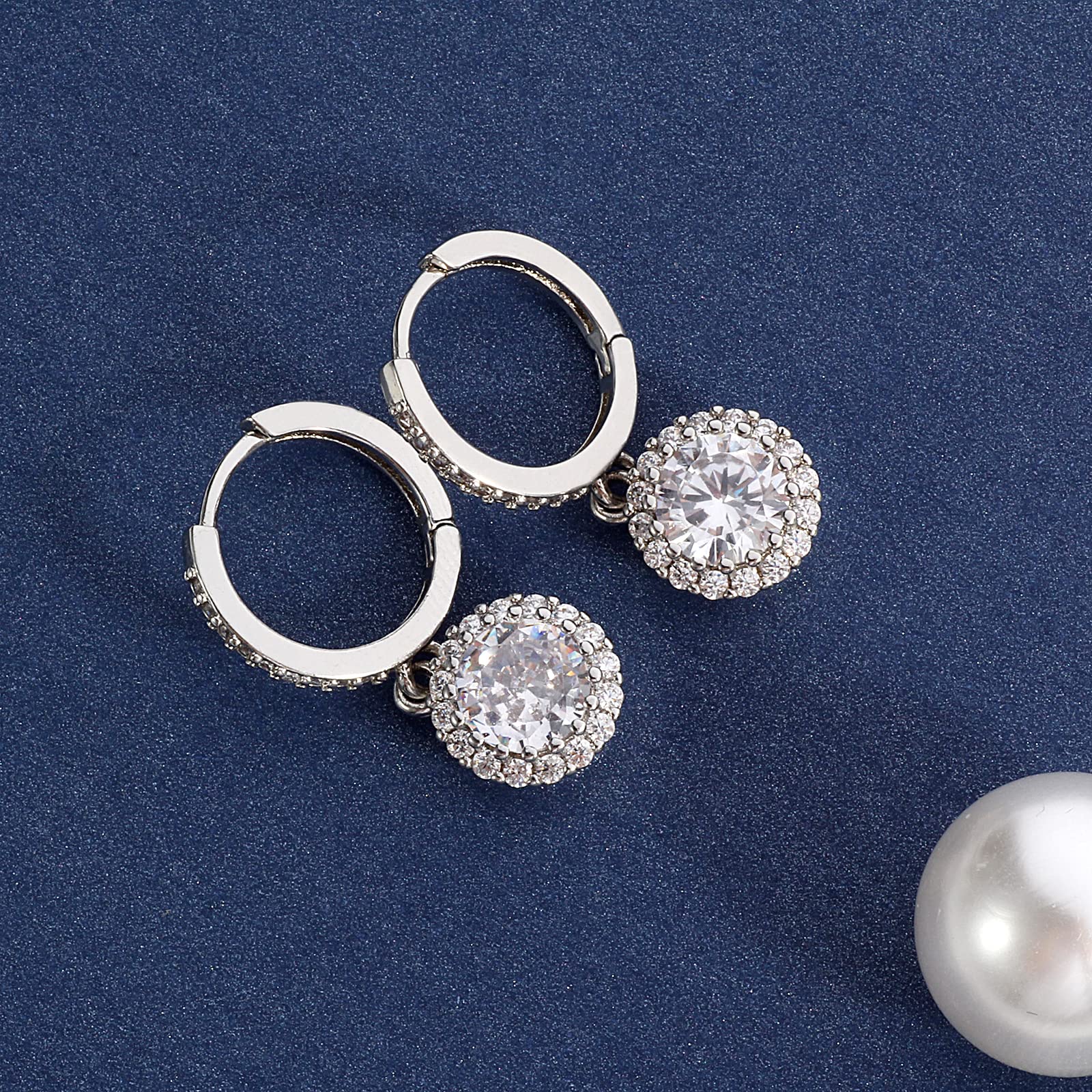 Oeudeufed Cubic Zirconia Hypoallergenic Earrings Women,Girls Rhinestone Cluster White Gold Plated Fashion Dangle Hoops Earring,Trendy Silver Diamonds Shiny Crystal Stud Sensitive Ears Wedding