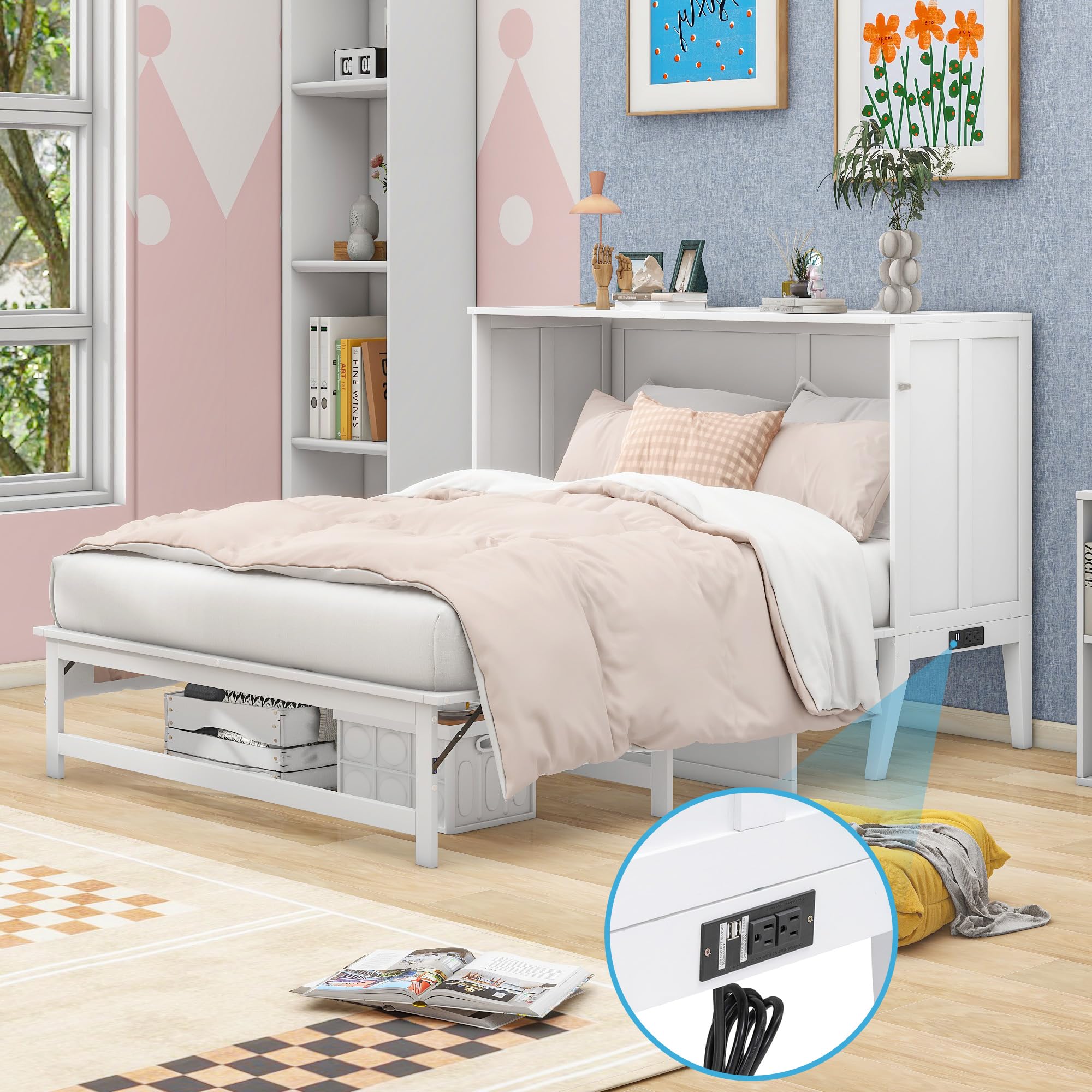 LETSHOME Queen Size Murphy Bed Frame with Built-in Charging Station and a Shelf for Bedroom and Guestroom,Office,White