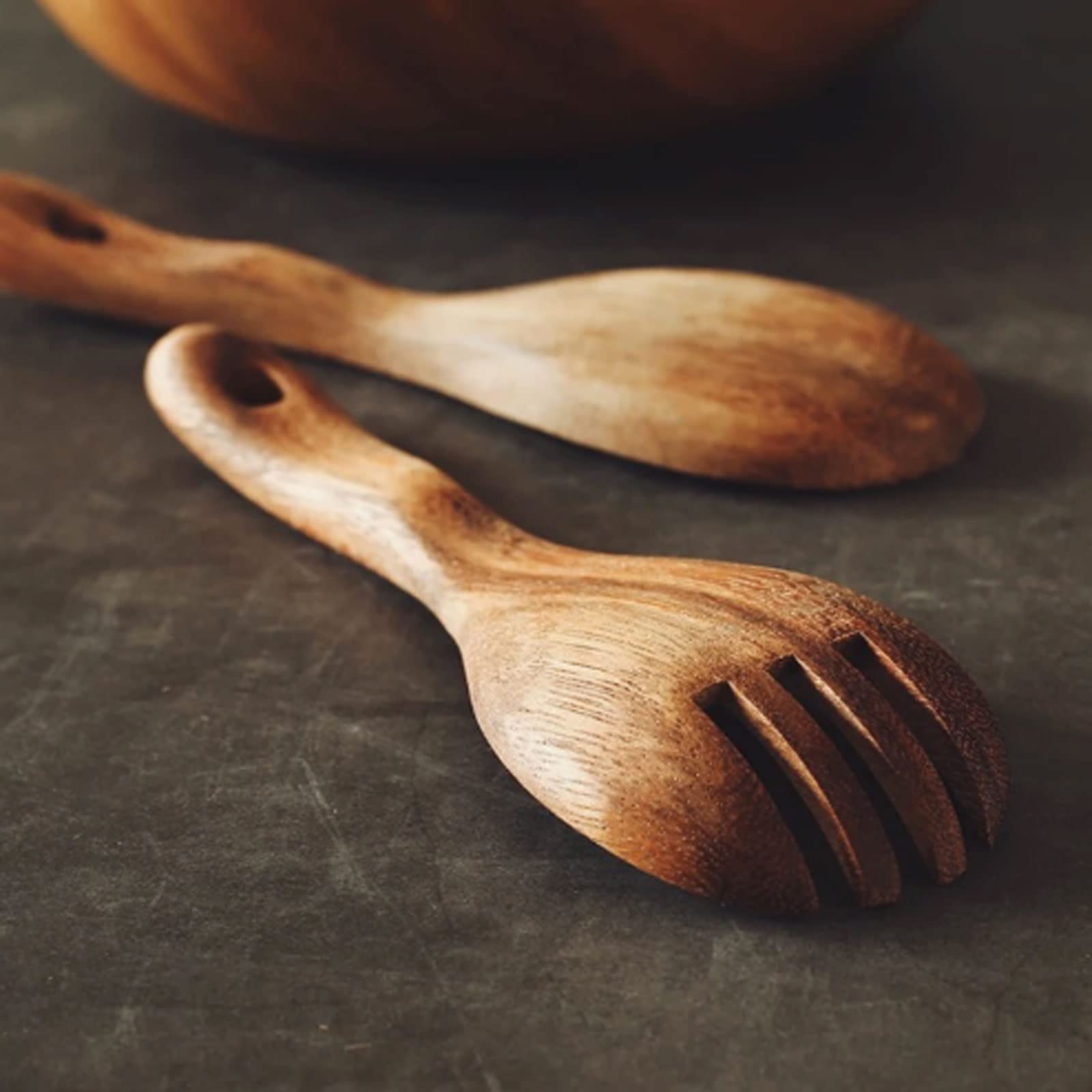 MEGIMA Spoons, Wooden Serving Spoons Rice Scoop Salad Mixing Spoon Large Wood Kitchen Spoon Fork Short Handle Cutlery Set Wood Cooking Utensils