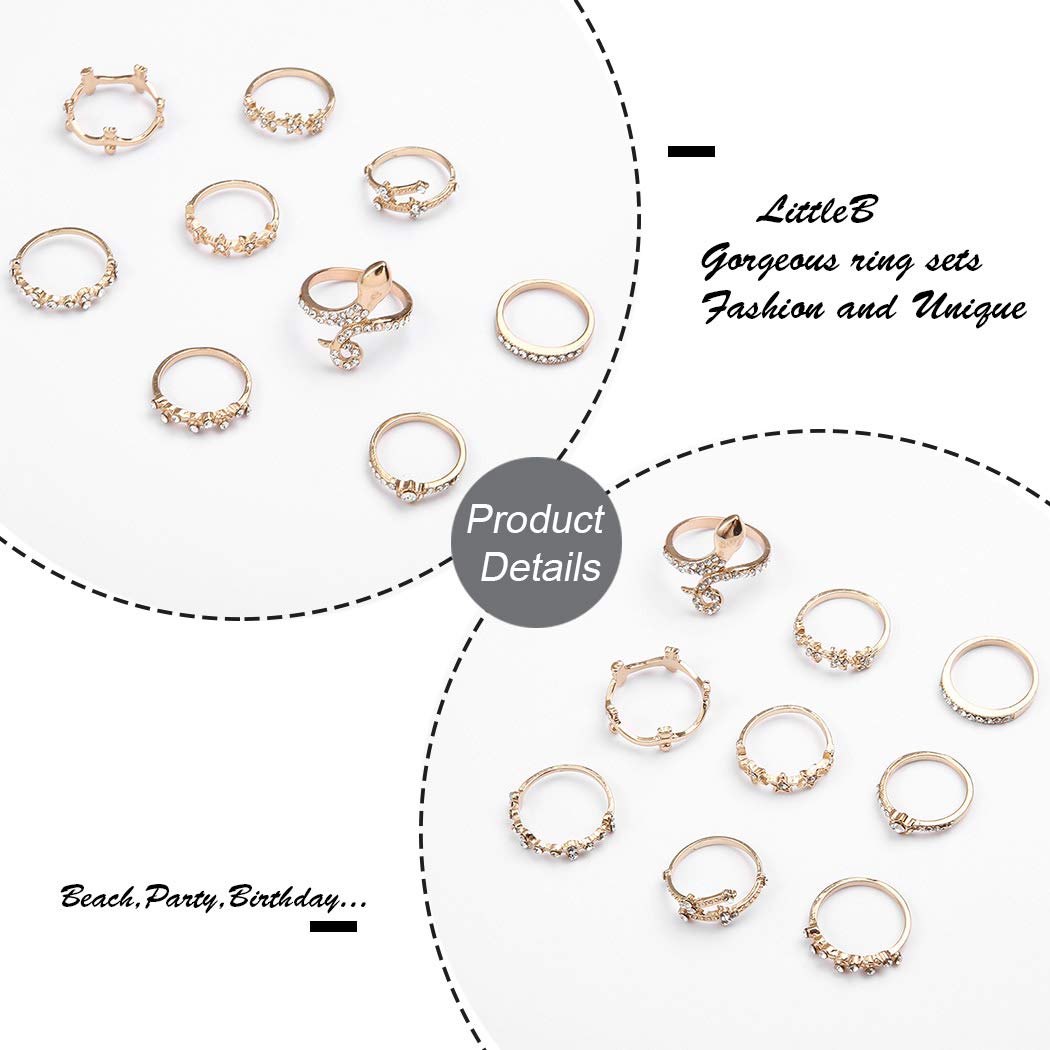 Metisee Boho Serpentine Ring Sets Gold Vintage Carved Joint Knuckle Ring Crystal Stacking Midi Ring for Women (9PCS)