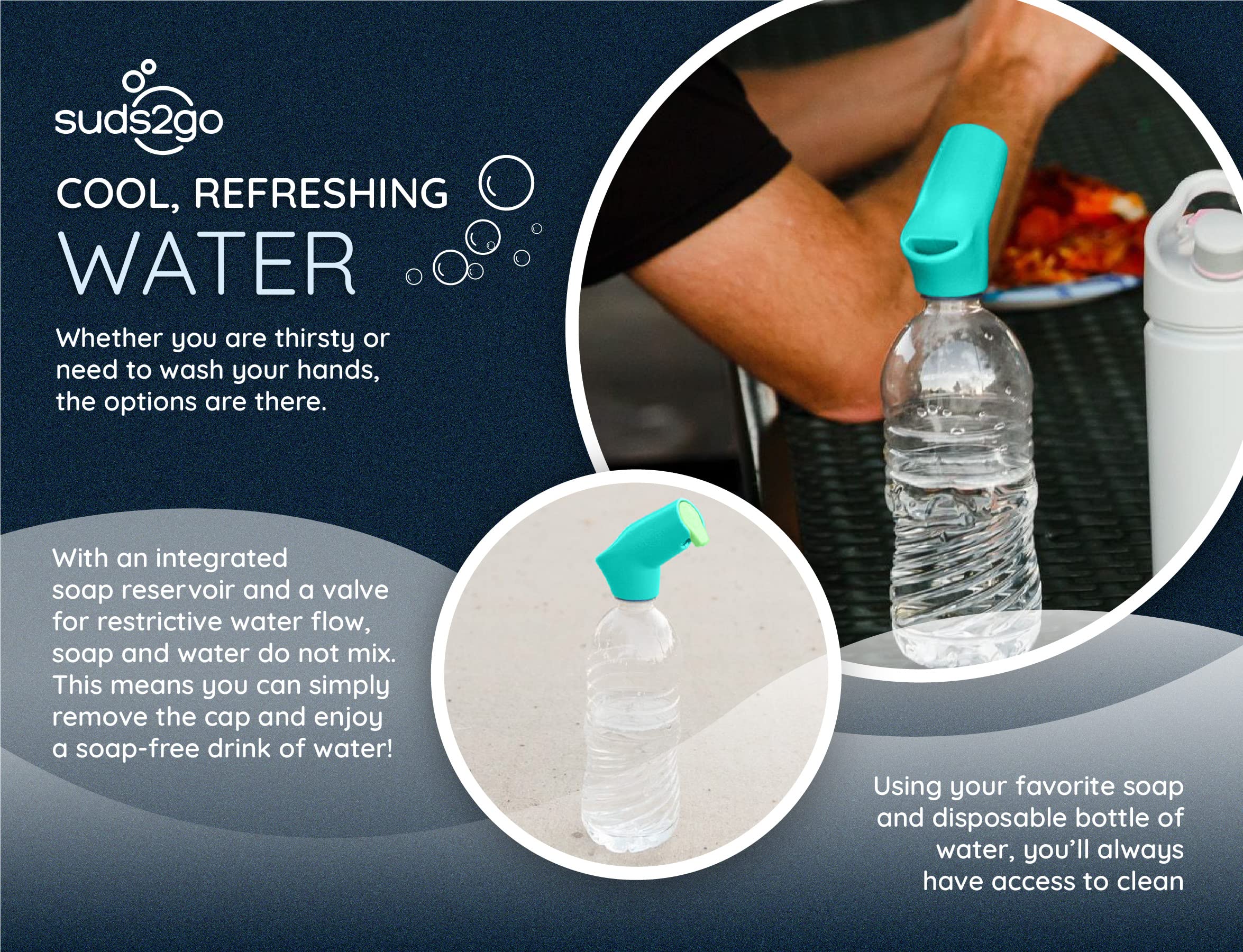 Suds2Go Refillable Caps, 2 Pack - Universal Fit Turns Most Disposable Water Bottles Into A Hand Washing Station - Includes Refillable Soap Reservoir - Conveniently Sized to Take on The Go - Teal