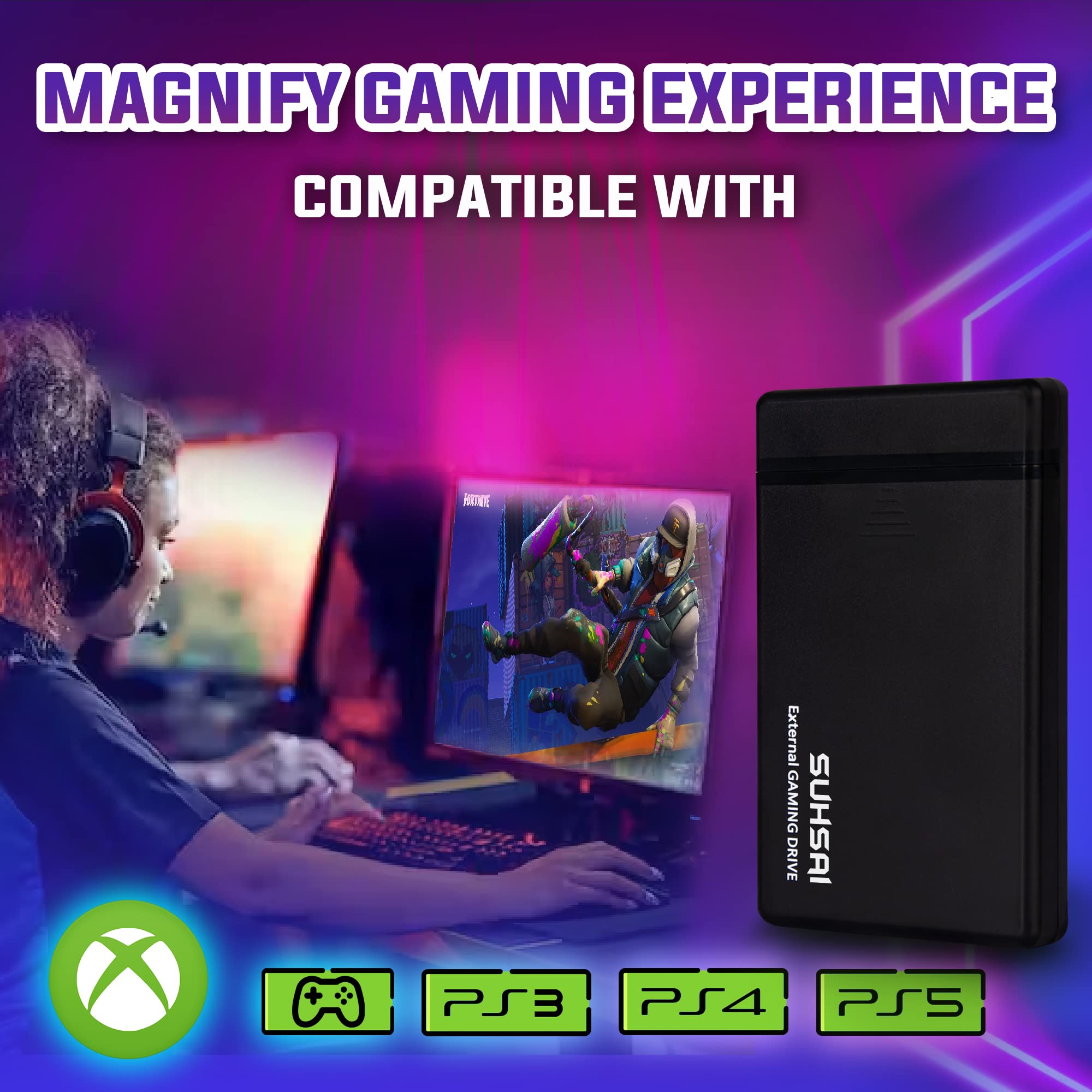 SUHSAI External Hard Drive 1TB USB 3.0 Gaming Hard Disk Ultra Slim & Portable 2.5" HDD Extended Data Backup & Storage Memory Expansion Hardrive for Xbox PS4 PS3 PC Games Laptop Mac Desktop(Black)