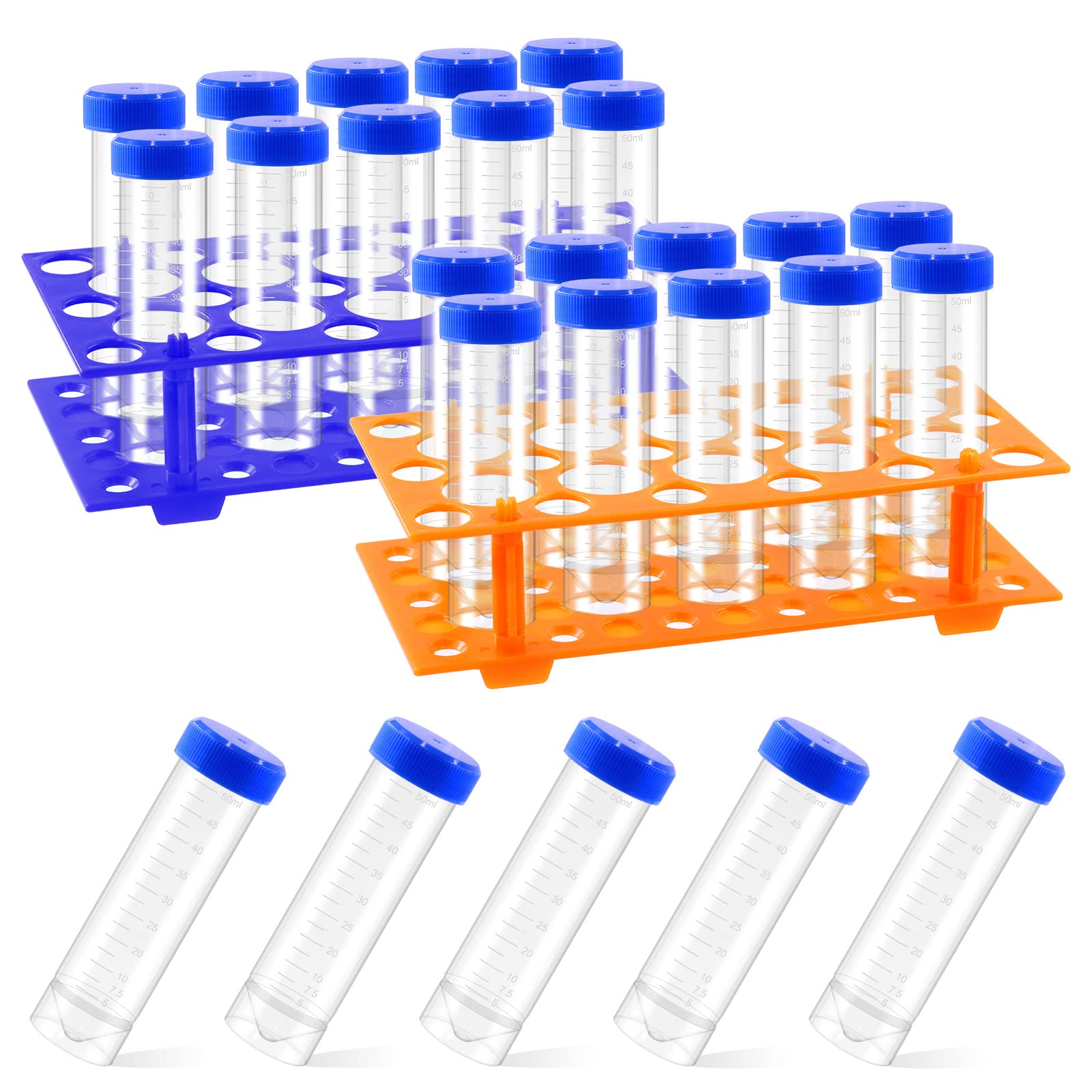 Tanstic 27Pcs 50ml Flat Bottom Centrifuge Tubes with 2pcs Test Tube Rack, Plastic Test Tubes with Screw Cap Plastic Vial Container Graduated with Marks for Laboratory Lab Scientific Experiments