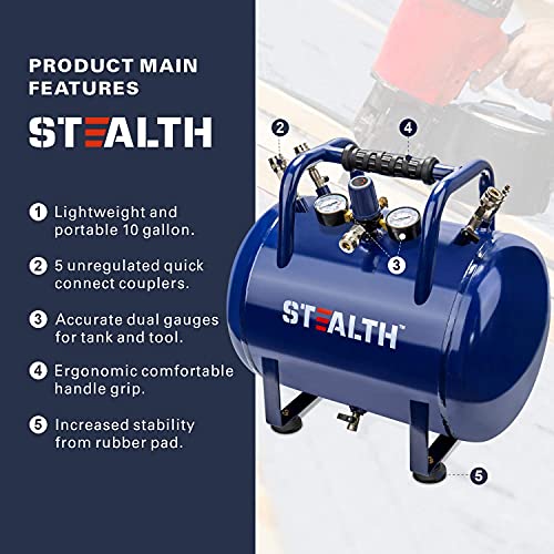 STEALTH Air Tank, 10 gallon High Pressure Air Tank with Maximum 225Psi Pressure, Ideal For Inflation Jobs, Blue-Saa-110T