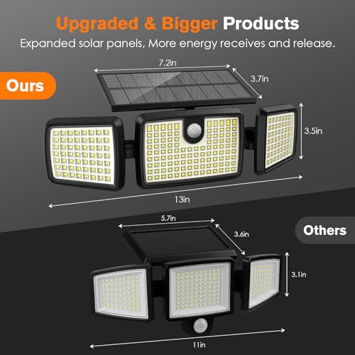 Solar Lights Outdoor, 3 Head Solar Motion Lights Outdoor with 2500LM 232 LEDs High Brightness, Built-in Bigger Tempered Glass Solar Panel, Sensitive PIR Motion Inductor