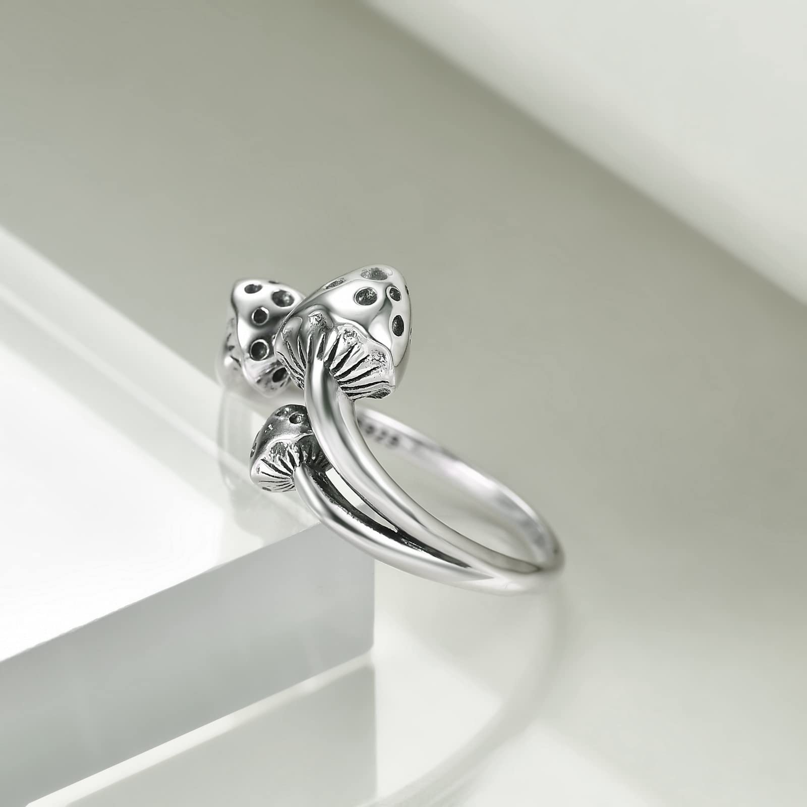 POPLYKE Mushroom Rings For Women Sterling Silver Adjustable Open Ring Jewelry Vintage Cute Cool Nature Ring