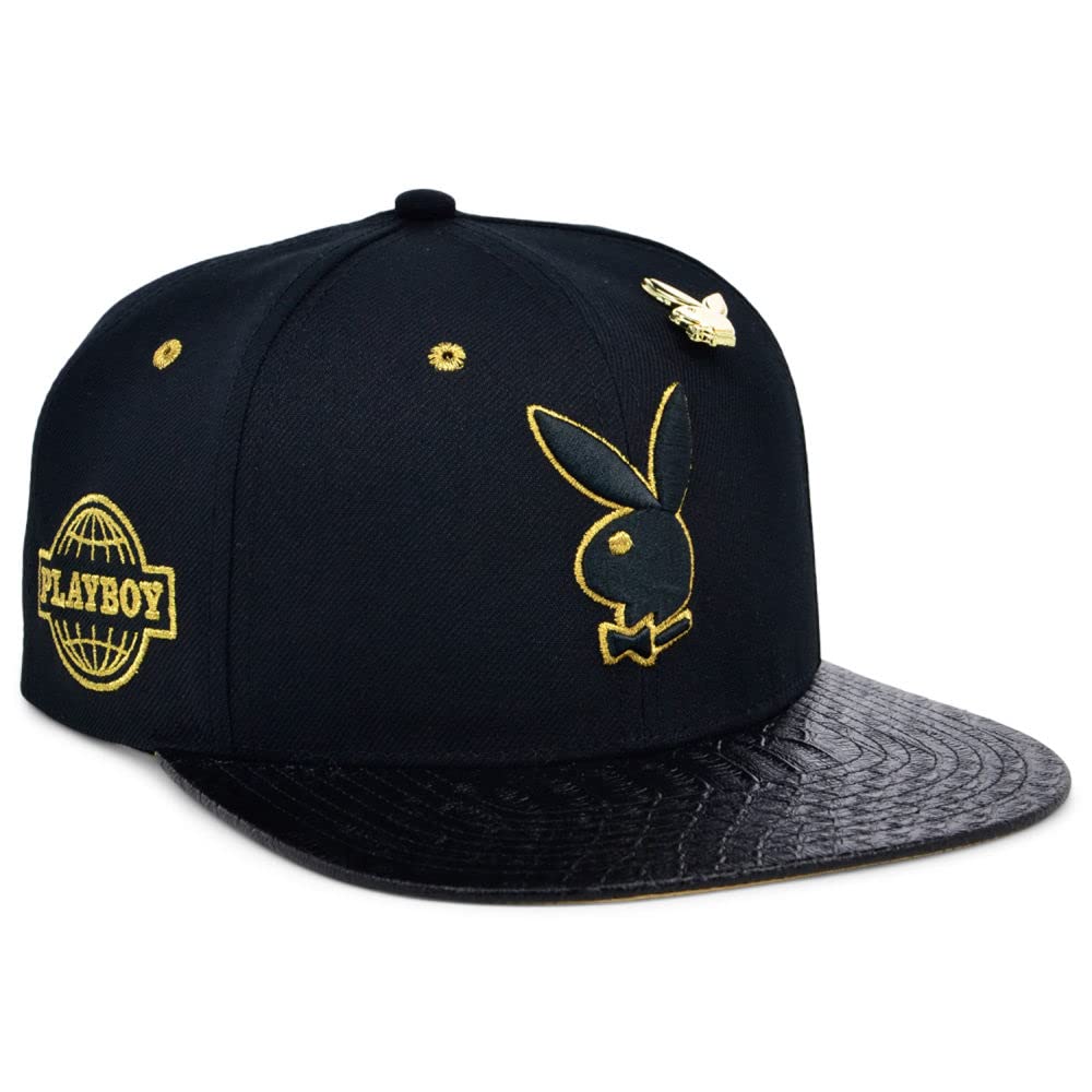 PlayBoy's unisex-adult Rush Flat Bill Adjustable Strapback Hat, Black/Gold, One Size