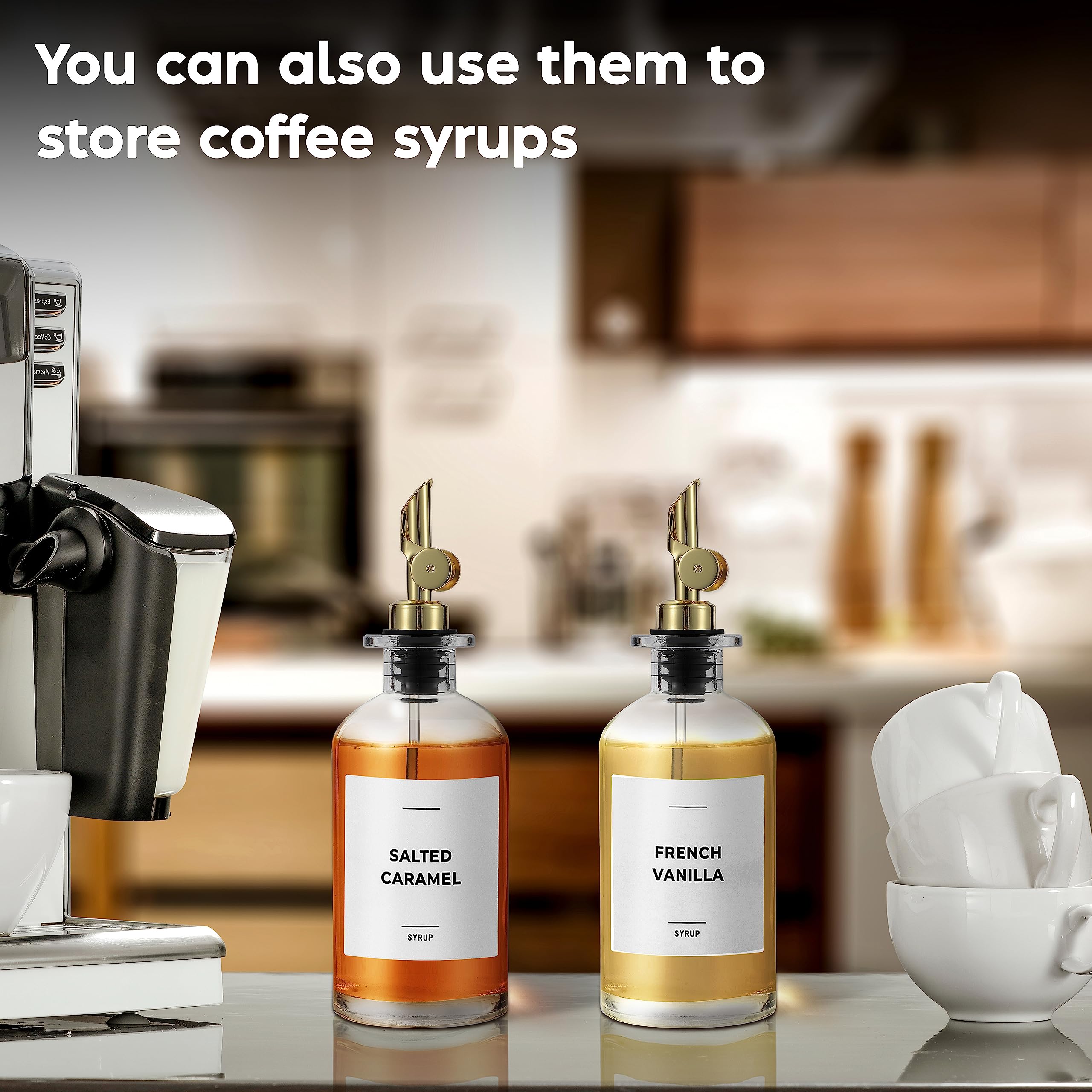Spaceneat Olive Oil Dispenser Bottle for Kitchen, Coffee Syrup Dispenser - Elegant & Classy Olive Oil Bottles for Kitchen - Glass Cooking Oil Dispenser, Container, Cruet with Pourer Spout - 2pcs, Gold