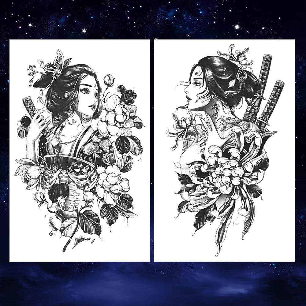 Oottati 6 Sheets Arm Fake Waterproof Temporary Tattoos Stickers Black Japanese Geisha Samurai Women Flower Lotus