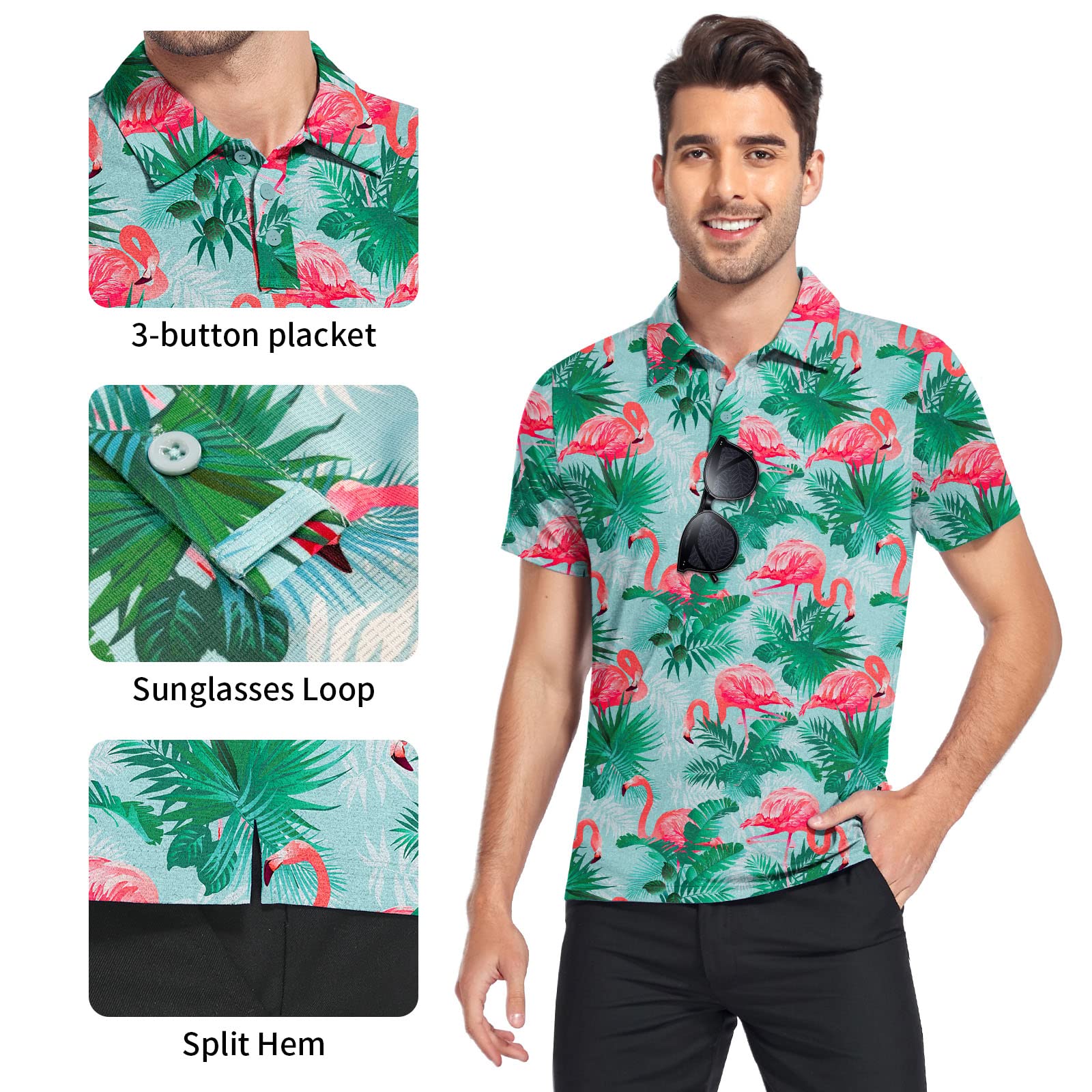 Soneven Men Short Sleeve Golf Shirts Polo Shirts Print Performance Moisture Wicking Golf Polos for Mens Flamingos