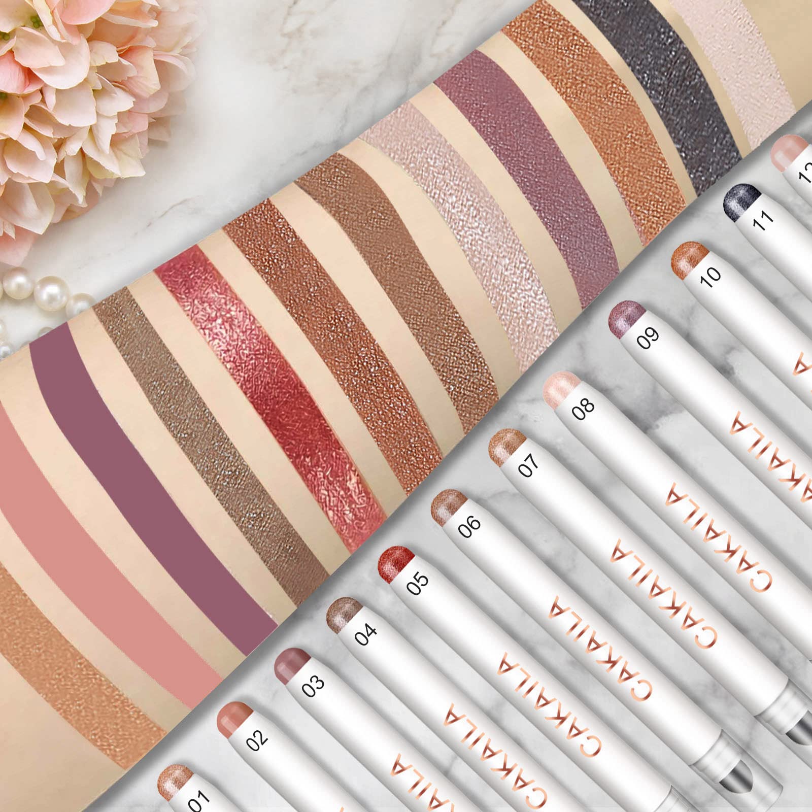 SUMEITANG 12 PCS Cream Eyeshadow Stick, Matte Shimmer Glitter Eye Shadow Sticks Set Eye Brightener Pencil Crayon, Highlighting Makeup Sticks, Soft & Smooth, Easy To Color, Multi-Dimensional Eyes Look