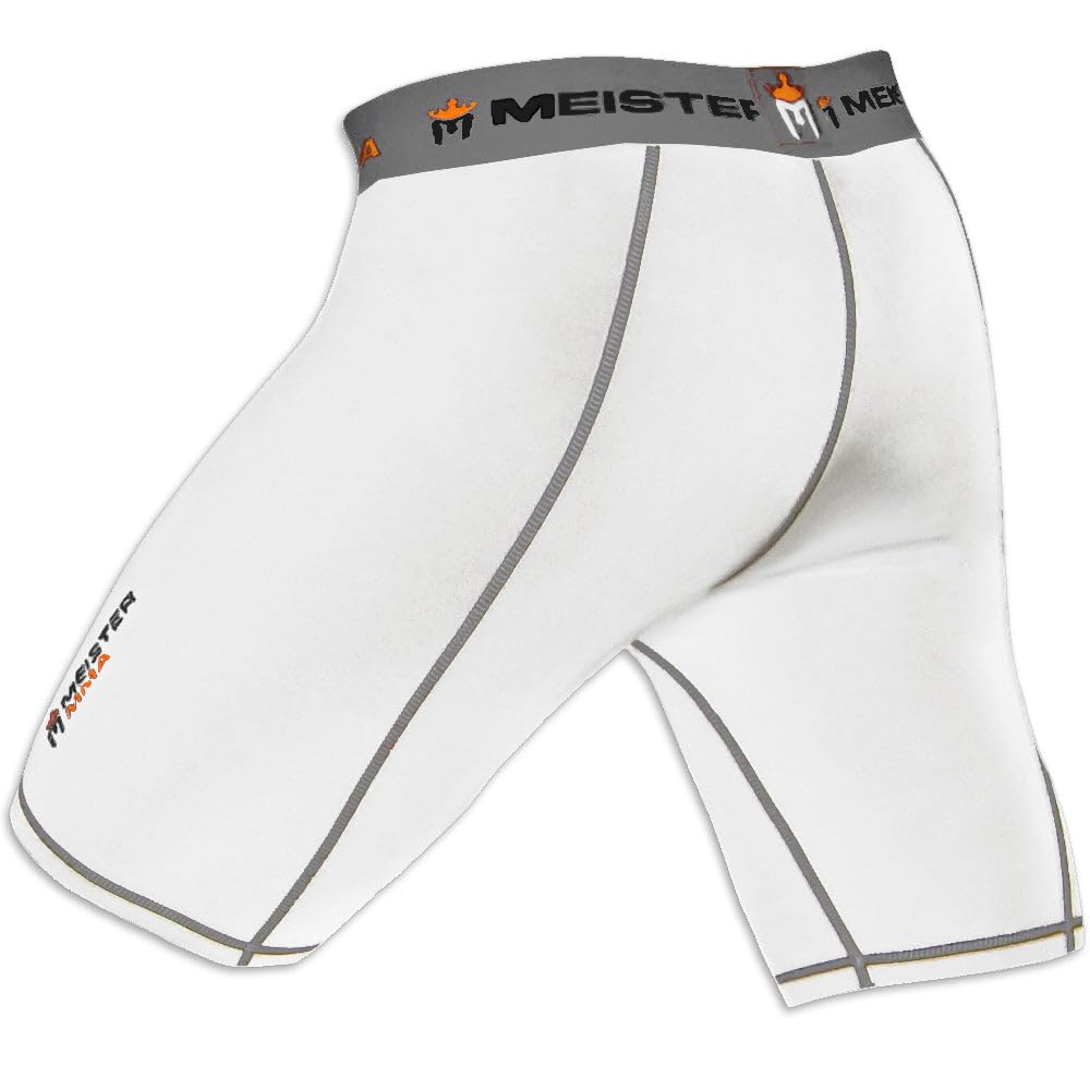 Meister MMA Compression Rush Fight Shorts w/Cup Pocket - White - Small (30-31)