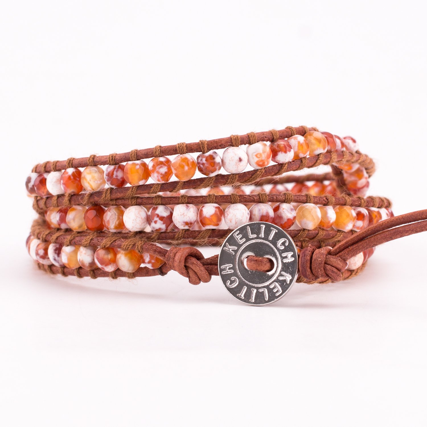 KELITCH Fire Agate Beads Bracelet Genuine Leather 3 Wrap Bracelet Handmade New Charm Bracelets Summer Jewelry