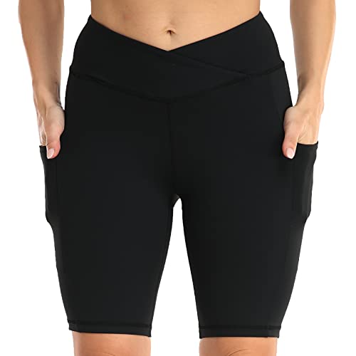RAYPOSE Womens Running Athletic Biker Shorts with Pockets Cross Waist Plus Size Hiking Lounge Summer Casual 8" Black-L