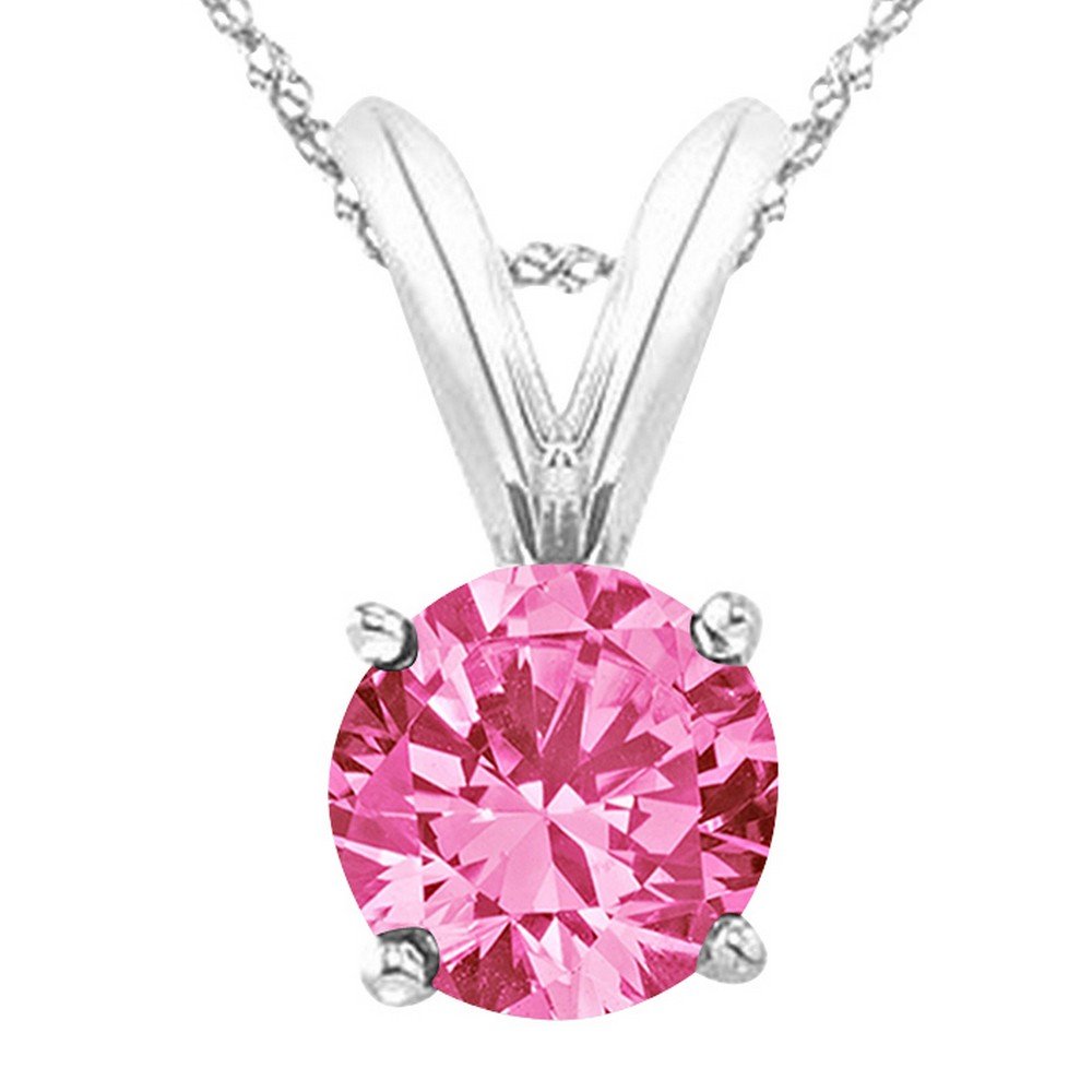 Near 1 Carat 14K White Gold Round Pink Sapphire 4 Prong Solitaire Pendant Necklace (AAA Quality) W/ 16" Silver Chain