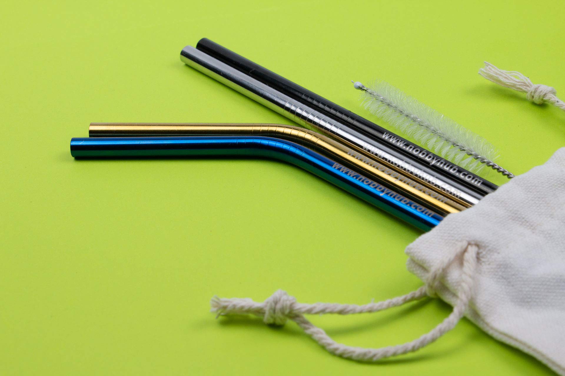 Reusable Stainless Steel Drinking Straws, Set of 4, 2 bent, 2 straight, all different colored, in Cloth Bag, and Free Cleaning brush, Help save the environment