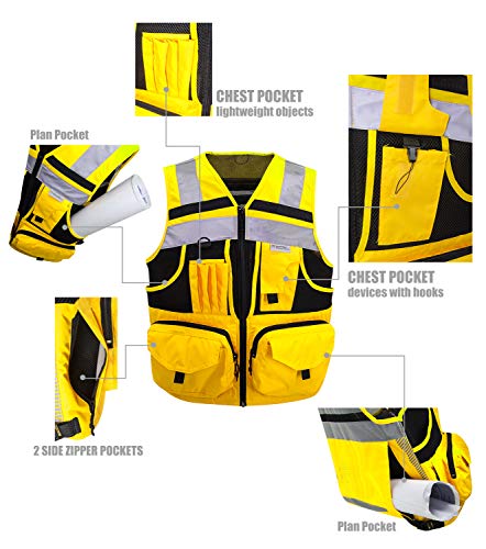 ZUJA 3M Reflective stripes Safety Vest Hi-vis Yellow knitted Vest with 10 pockets Bright Construction Workwear for men and women. (Medium)