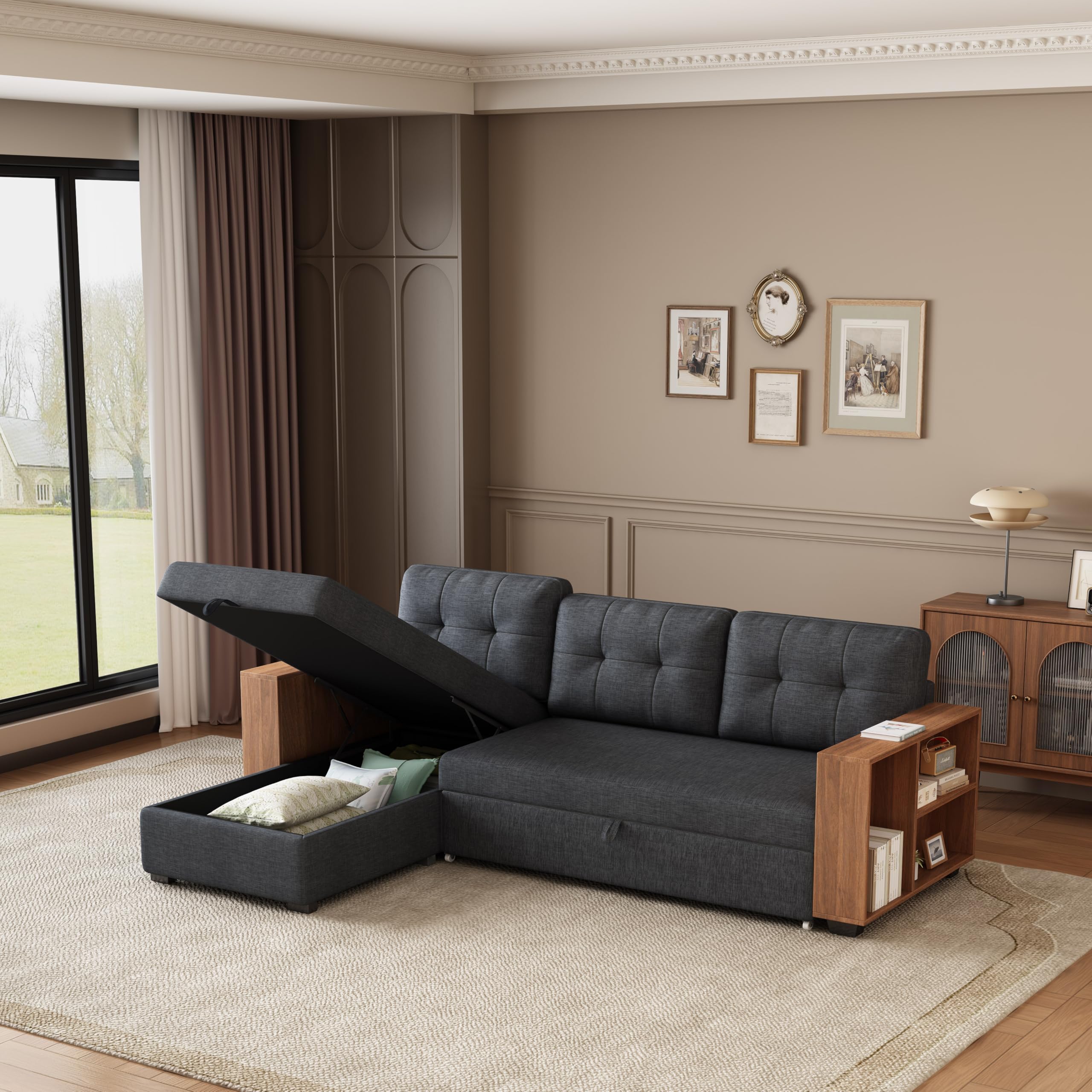YOPTO 84" Convertible Sectional Couch with Pull Out Bed and Storage Chaise,L Shaped Sleeper Sofa W/Wood Cabinet Armrests&Removable Back Cushions,Living Room Furniture for Home,Office,Dark Grey