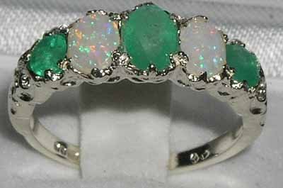 LetsBuyGold 925 Sterling Silver Natural Emerald and Opal Womens Promise Ring - Size 5.5