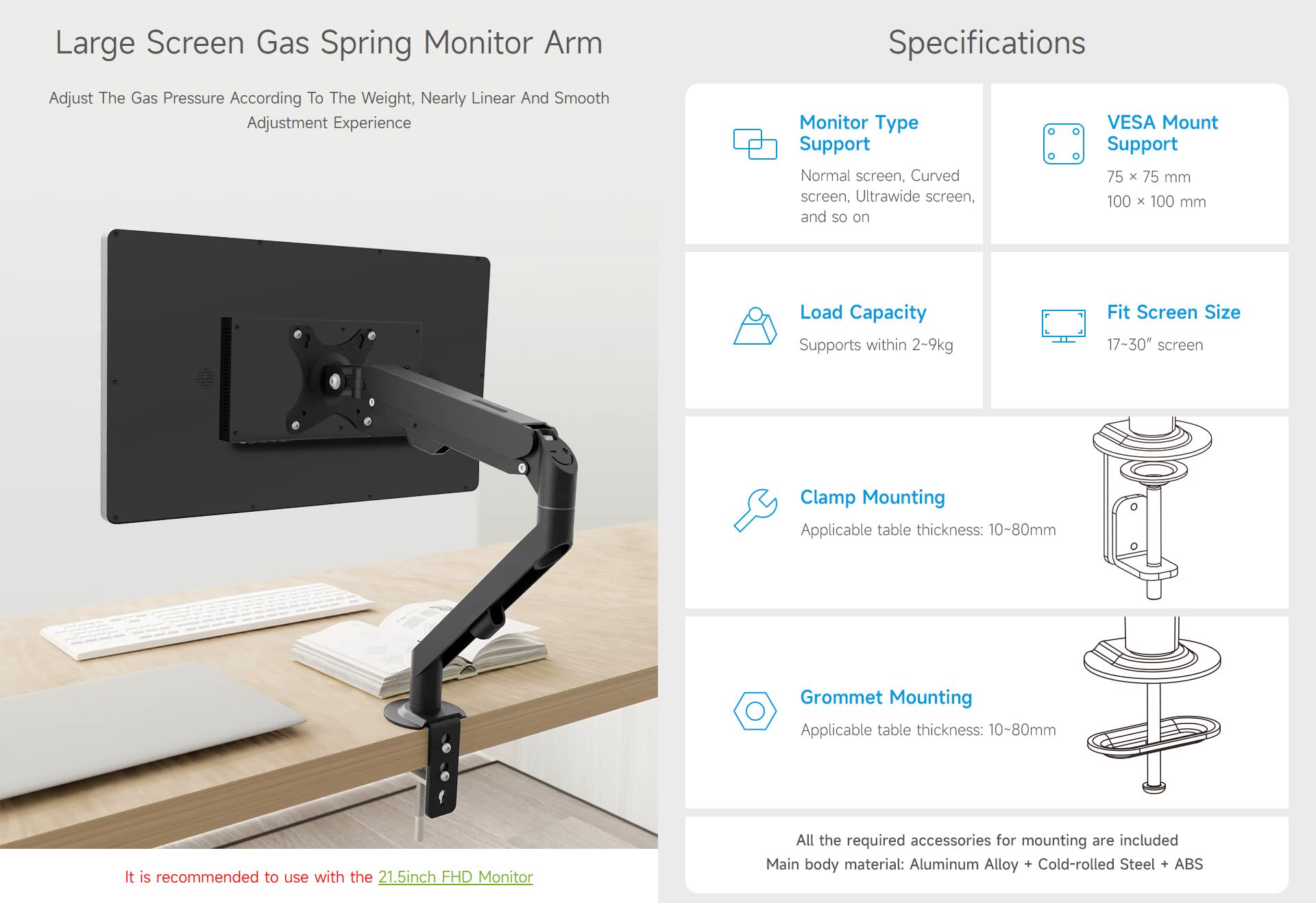 Waveshare Gas Spring Monitor Arm for 17~30 Inch Display Monitor, Height Adjustment, Supports Multi-Angle Rotation and Expansion