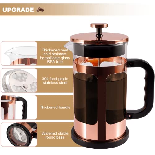 RealPero French Press Coffee Tea Maker, Upgrade Heat Cold Resistant Thickened Glass with 4 Level Stainless Steel Filtration System Brew Coffee & Tea, BPA Free, Large 1000ml 34oz,Rose Gold
