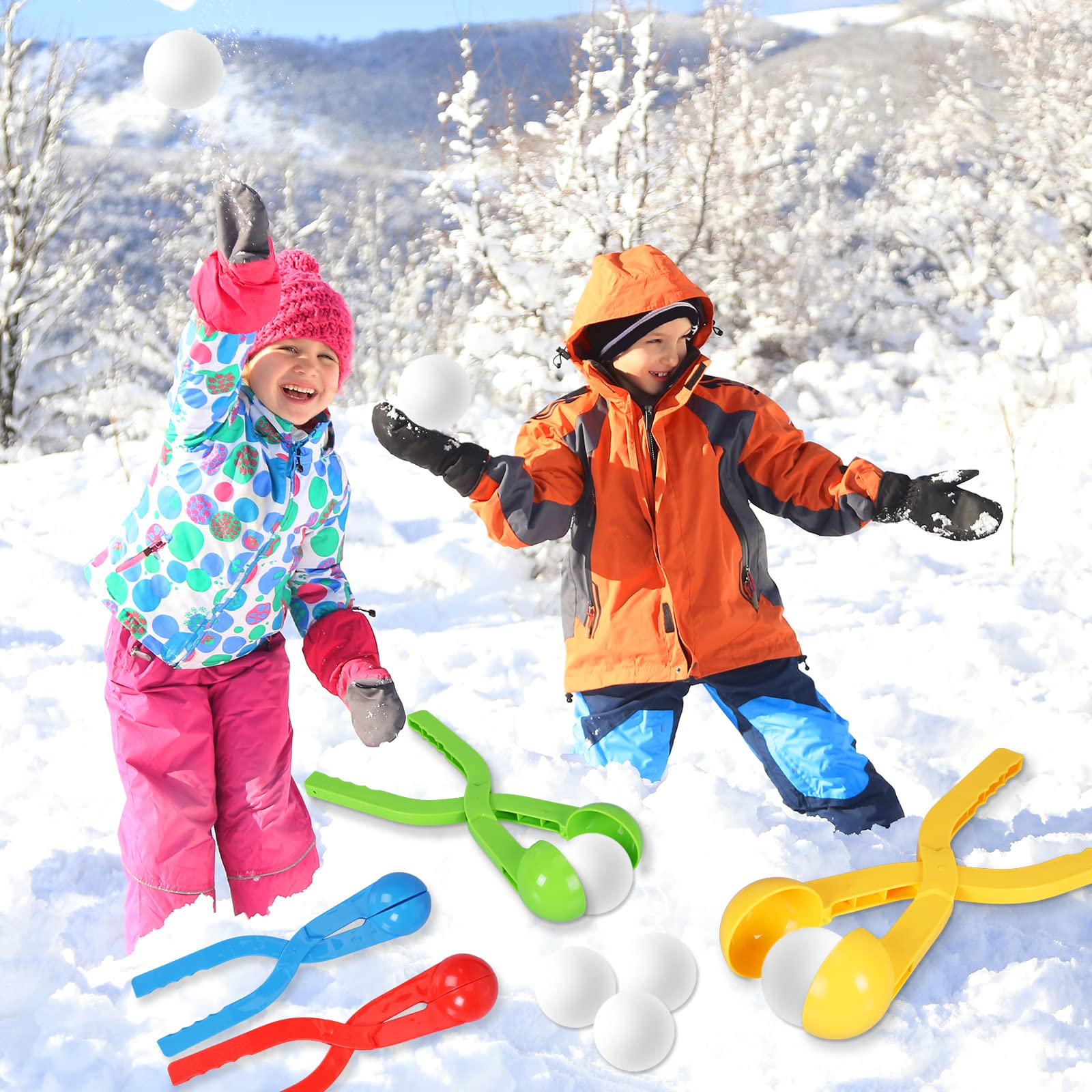 Max Fun 4 Pack Snowball Maker Snow Ball Toys Games with Handle for Kids Outdoor Indoor Winter Snowball Fight Maker Tool Clip with Drawstring Bag