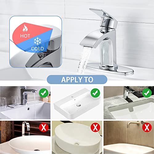 Solepearl Waterfall Bathroom Faucet Chrome, Modern Single Handle Single Hole Bathroom Sink Faucet Flat Spout, 1 or 3 Holes Lavatory Basin Vanity Commercial Solid Brass Faucet with Deck Plate