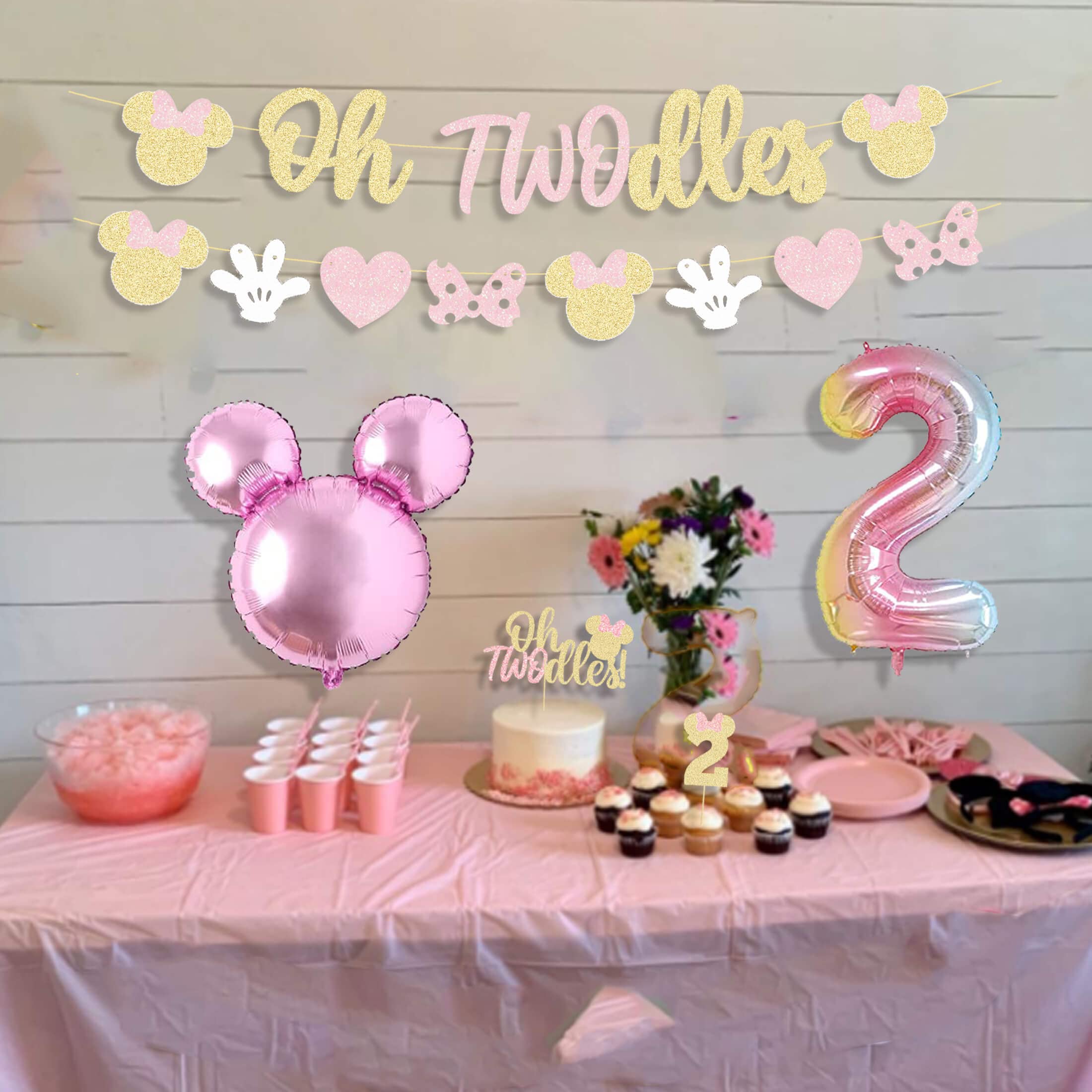 Oh Twodles Pink Mouse Twodles Birthday Party Supplies Decorations Mouse Banner Cake Topper 2nd Banner Balloon Pink Mouse Backdrop Cupcake Topper for Girls Baby Bday