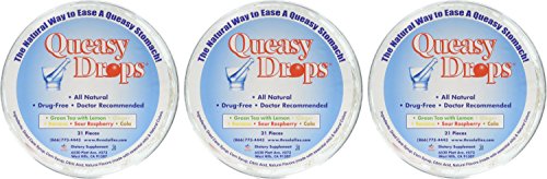 Queasy Drops | 3 Pack: 21 Drops Each | Drug Free & Gluten Free | Five Flavors: Green Tea with Lemon, Ginger, Raspberry, Banana & Cola 21 Count