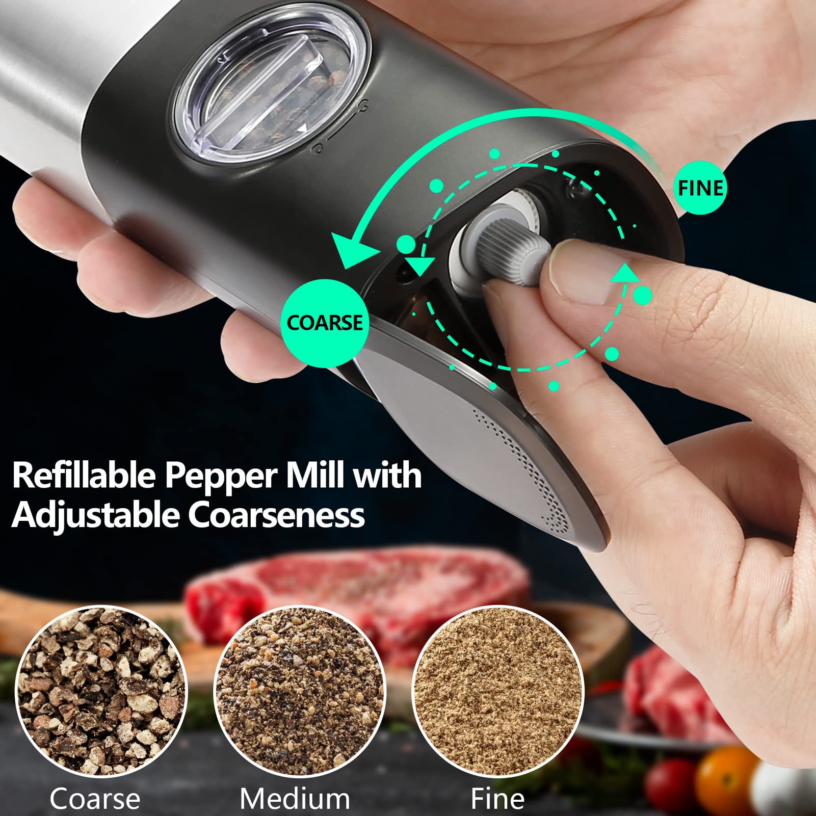 Rechargeable Salt or Pepper Grinder,NisuAM Gravity Automatic Pepper Mill with White LED light, One Handed Operation Spice Grinder ,Upgraded Salt Grinder Adjustable Coarseness, Refillable, No Battery