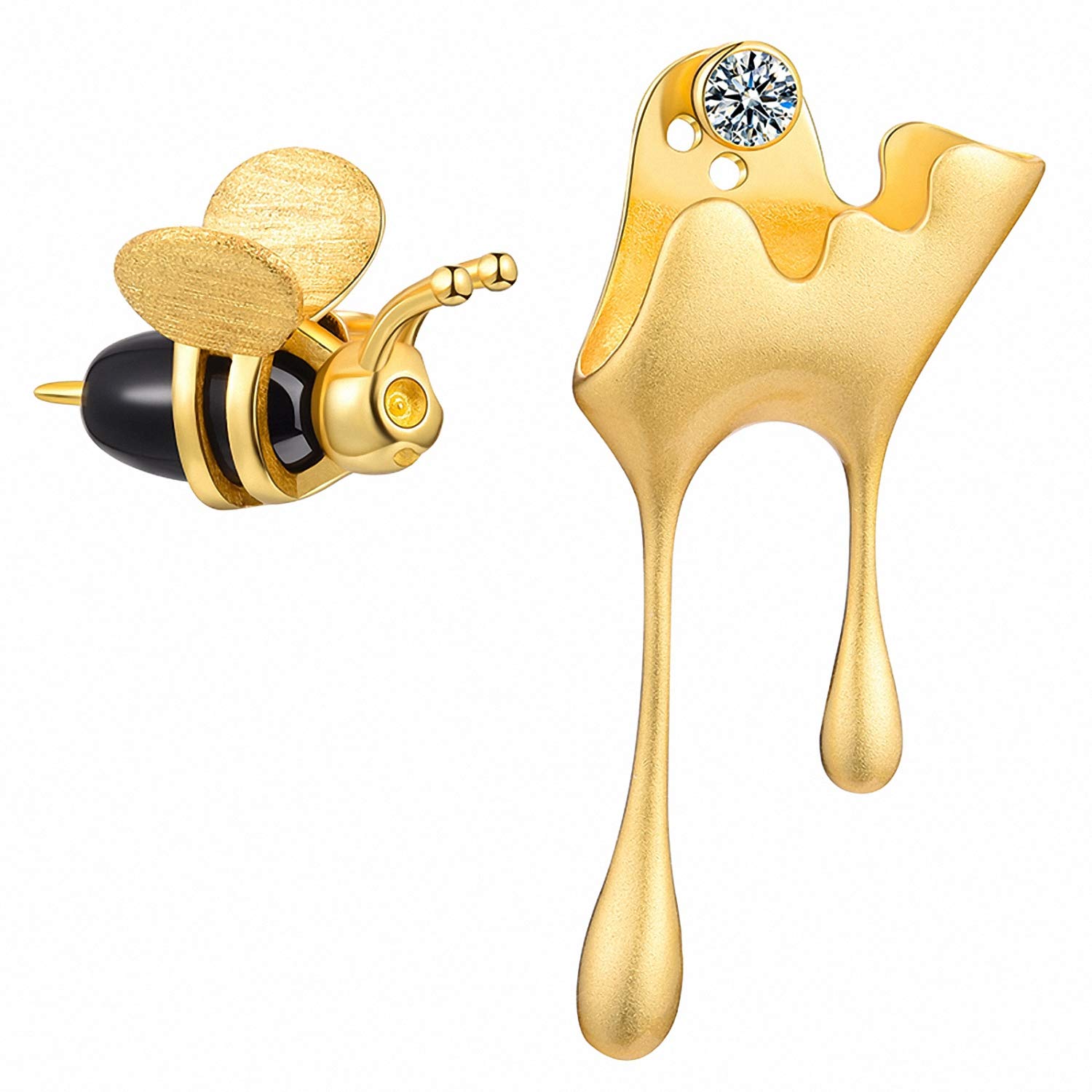 Lotus Fun S925 Sterling Silver Earrings Bee and Dripping Honey Asymmetric Stud Earrings for Women, Creative Handmade Unique Jewelry Gifts (Gold)